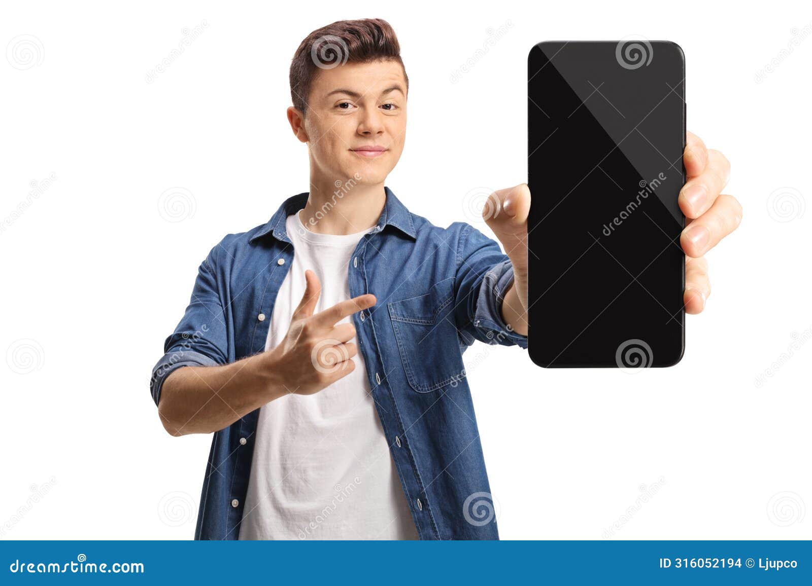 Happy Smartphone User Pointing at a Blue Screen Stock Photo - Image of ...