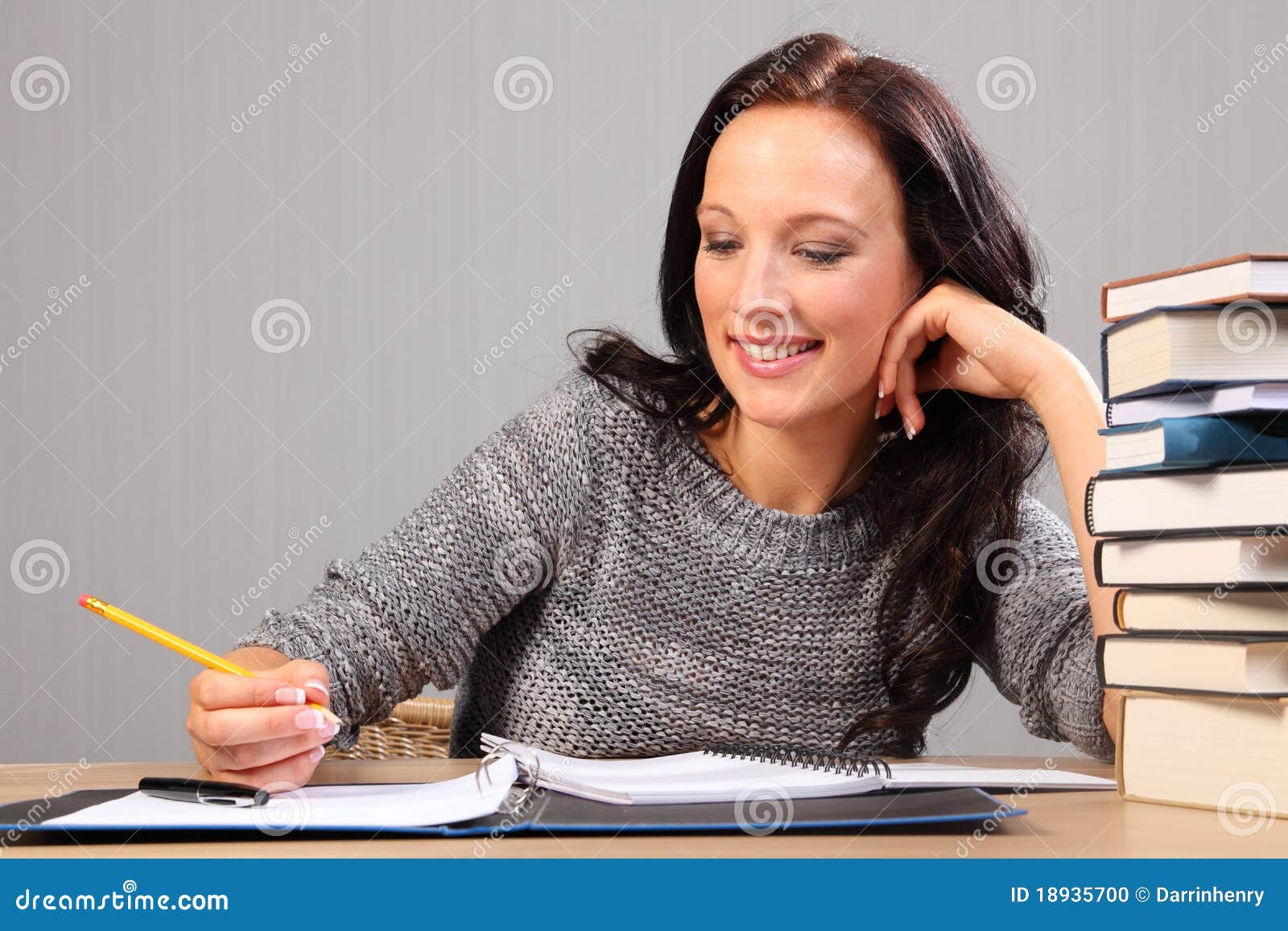 Happy Smile Doing Homework for Beautiful Woman Stock Photo - Image of ...