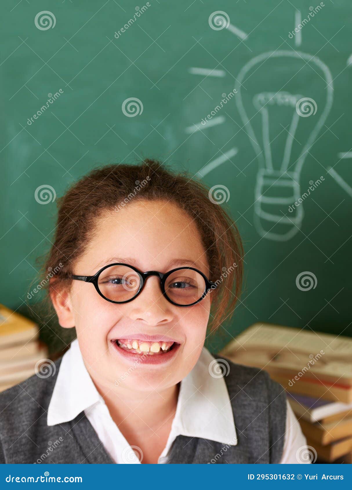 Happy, Smile and Portrait of Student with Light Bulb on Board for Plan ...