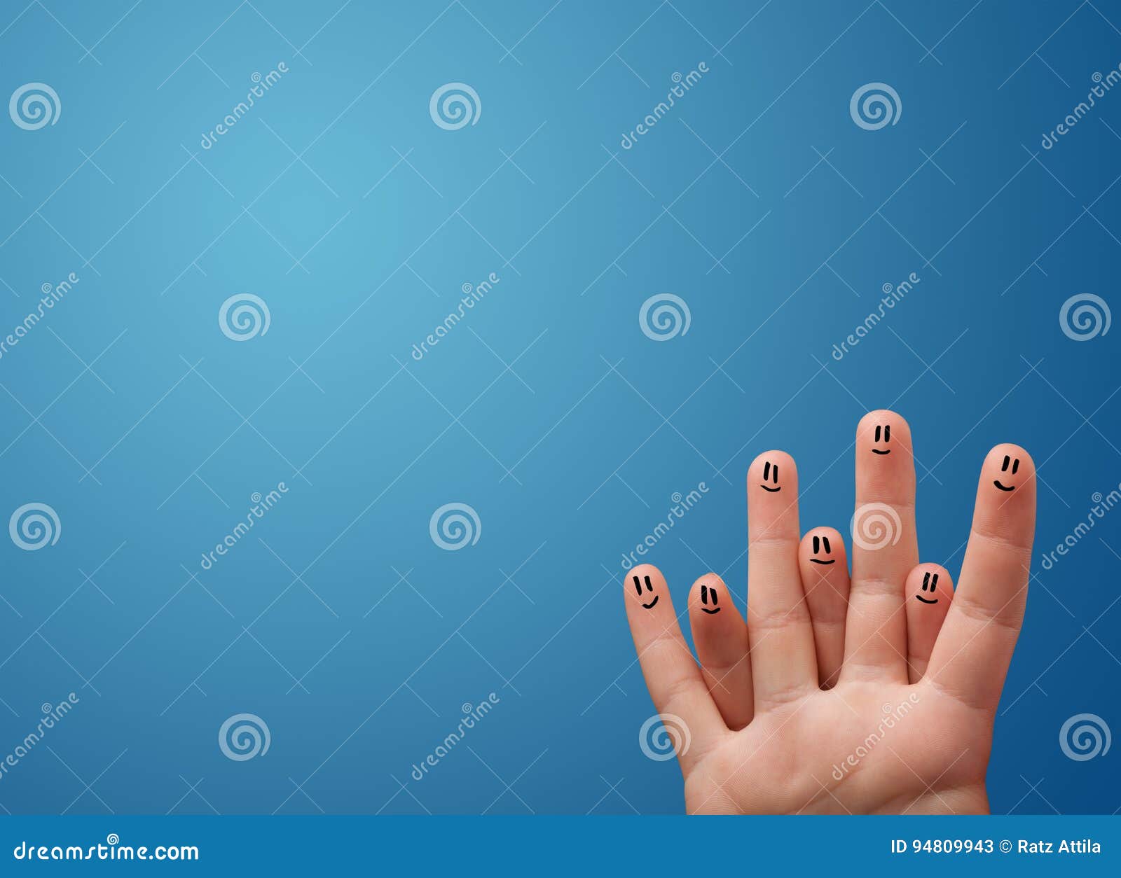 Happy Smiley Face Fingers Looking at Empty Blue Background Copy Stock ...