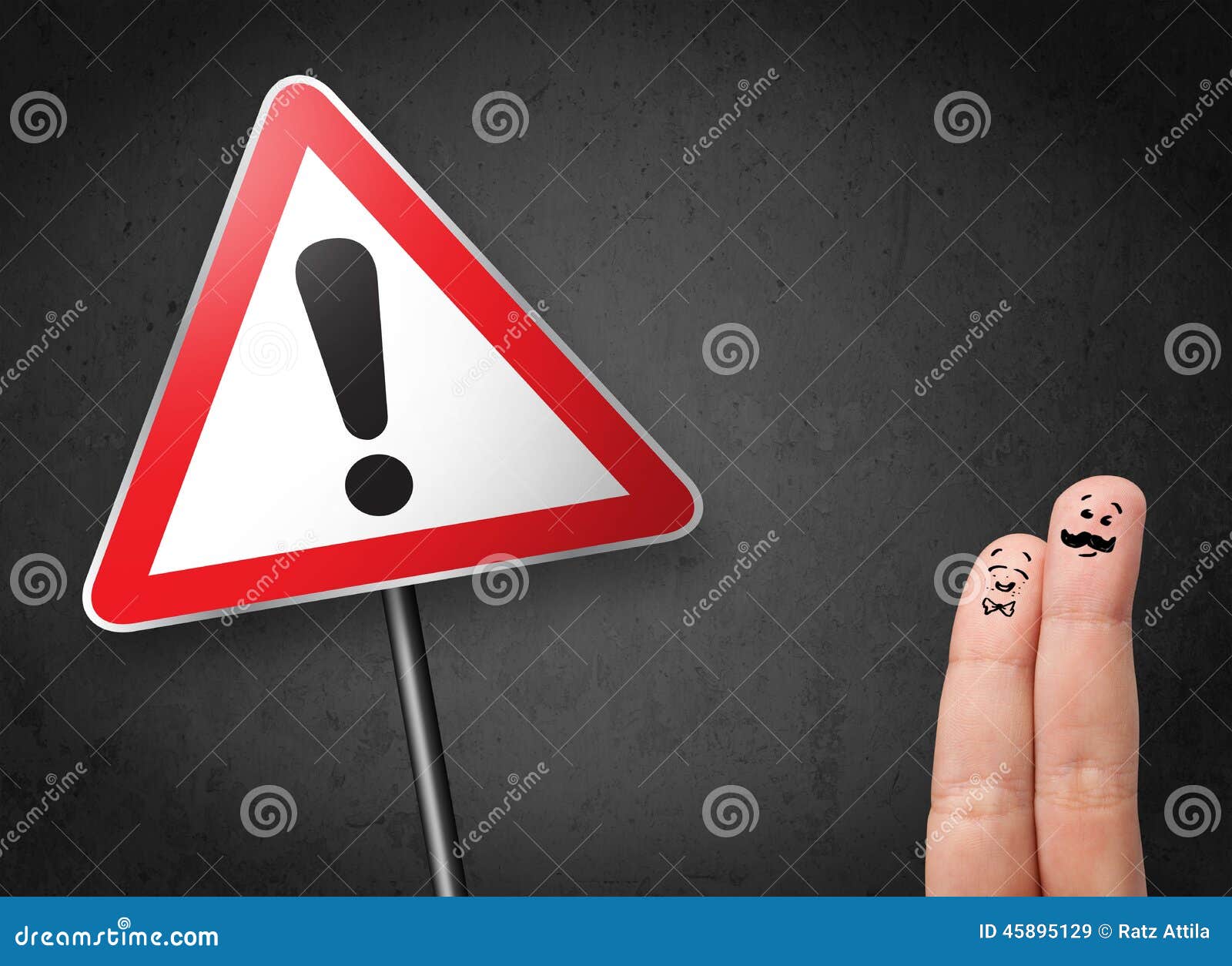 Happy Smiley Fingers Looking at Triangle Warning Sign with Exclamation ...