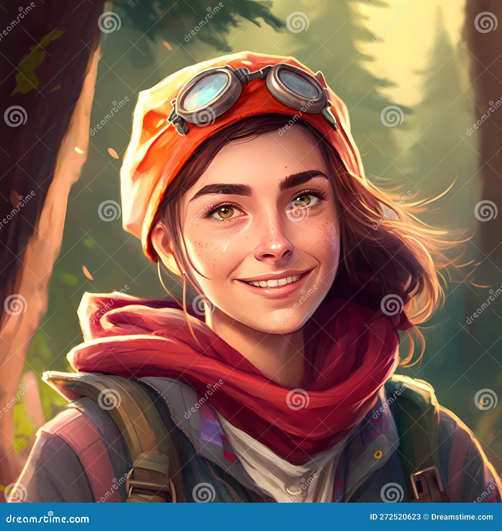 Happy Smiling Adventurer Young Woman At Forest Generative Ai Stock Illustration Illustration