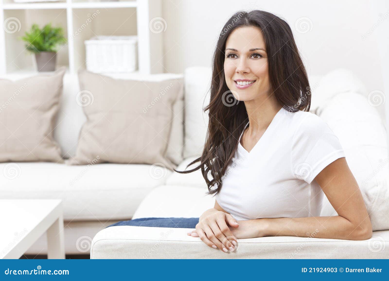 Happy Smiling Beautiful Woman Sitting on Sofa Stock Image - Image of ...