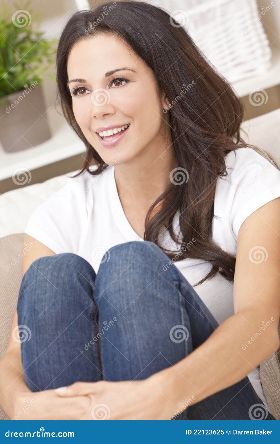 Happy Smiling Beautiful Woman Sitting on Sofa Stock Image - Image of ...