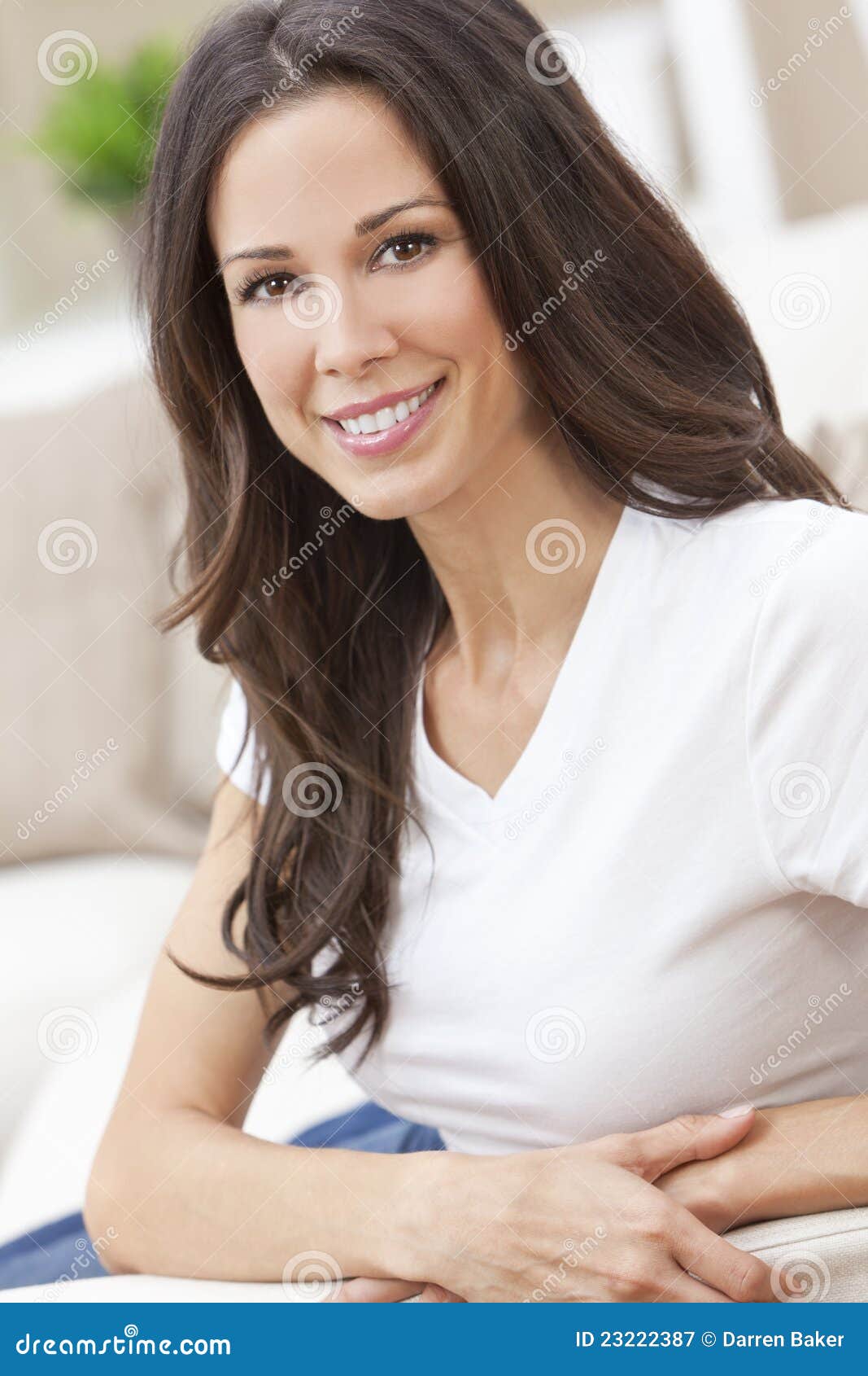 Happy Smiling Beautiful Woman Sitting on Sofa Stock Image - Image of ...