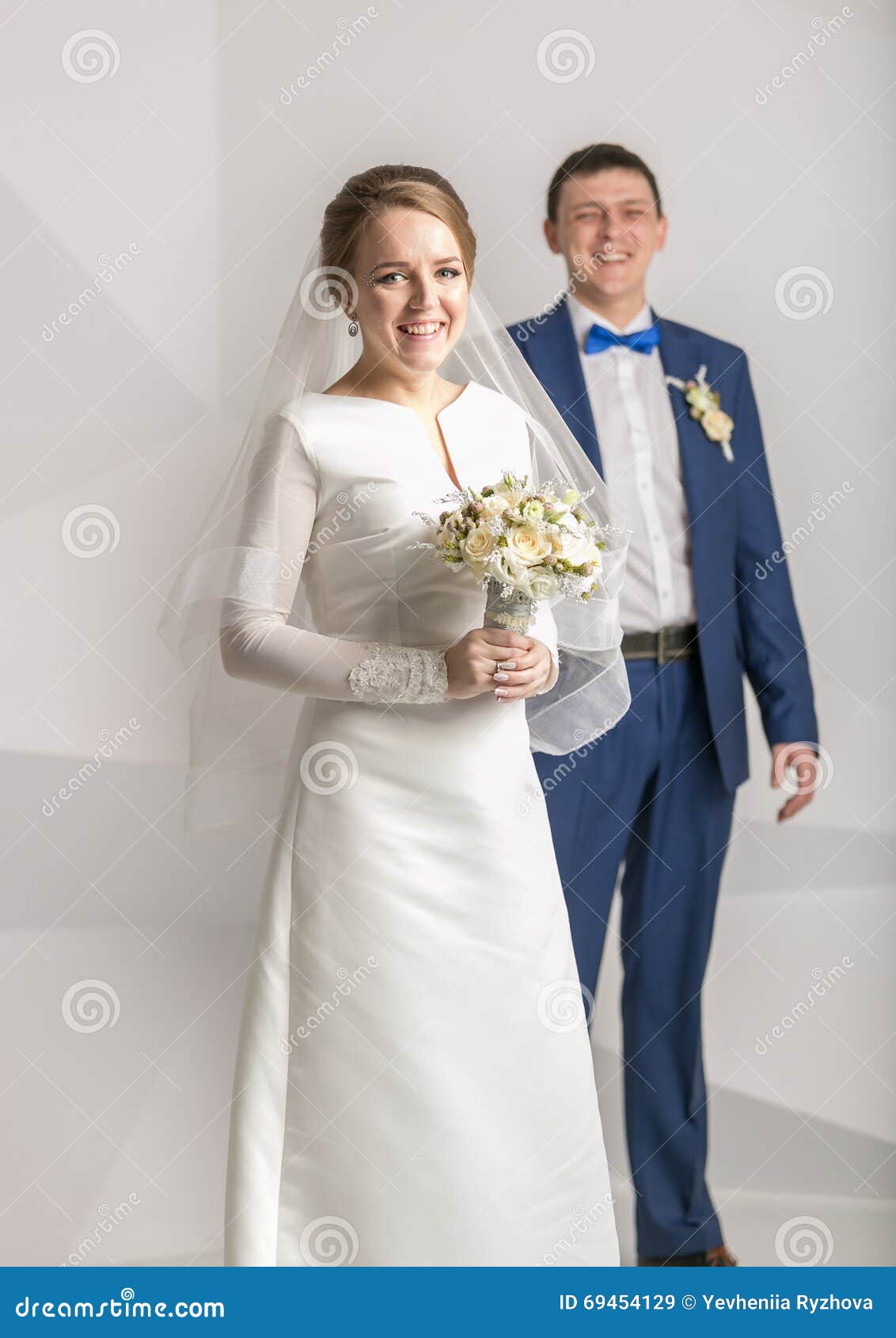 Happy Smiling Bride Posing with White Roses at Studio Stock Image ...