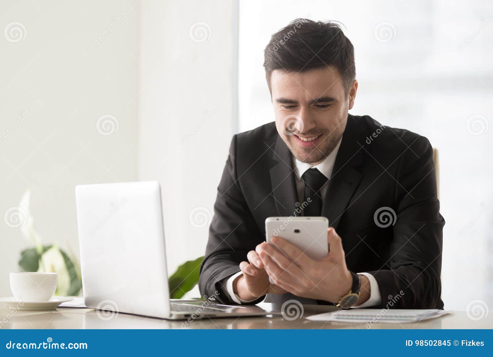 Happy Smiling Businessman Using Computer Tablet, Electronic Devi Stock ...