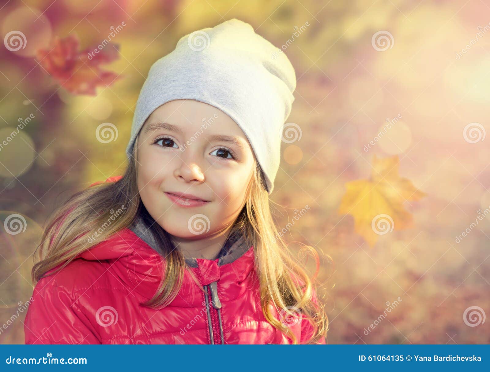 Happy Smiling Child Outdoors on Fall Background. Stock Image - Image of ...