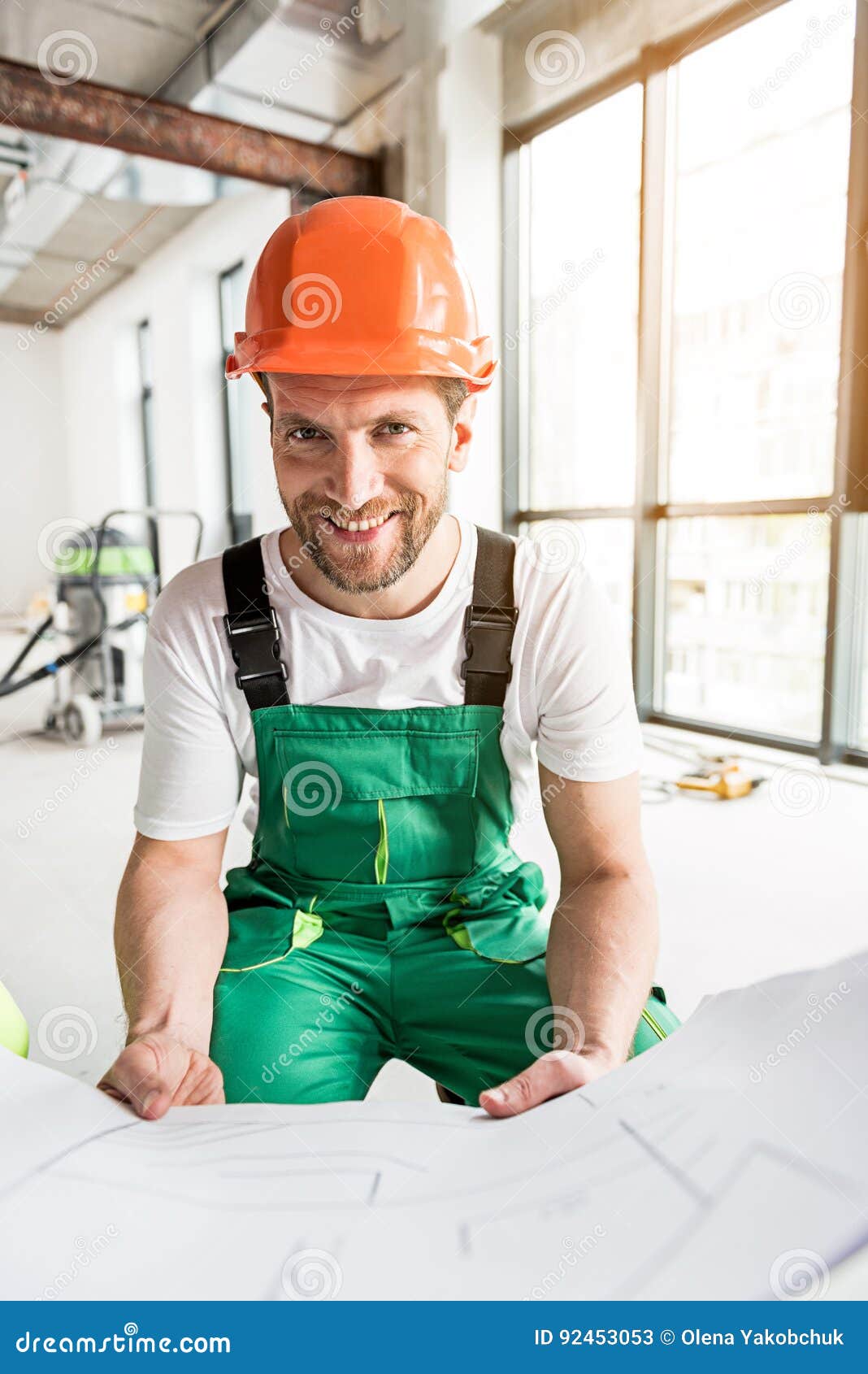 Happy Smiling Constructor Keeping Plan Stock Image - Image of blueprint ...