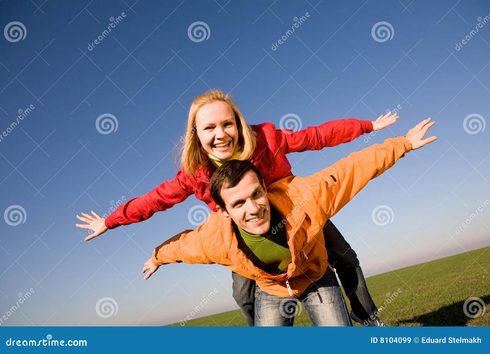 Happy Smiling Couple Fly in Sky Stock Image - Image of expression ...