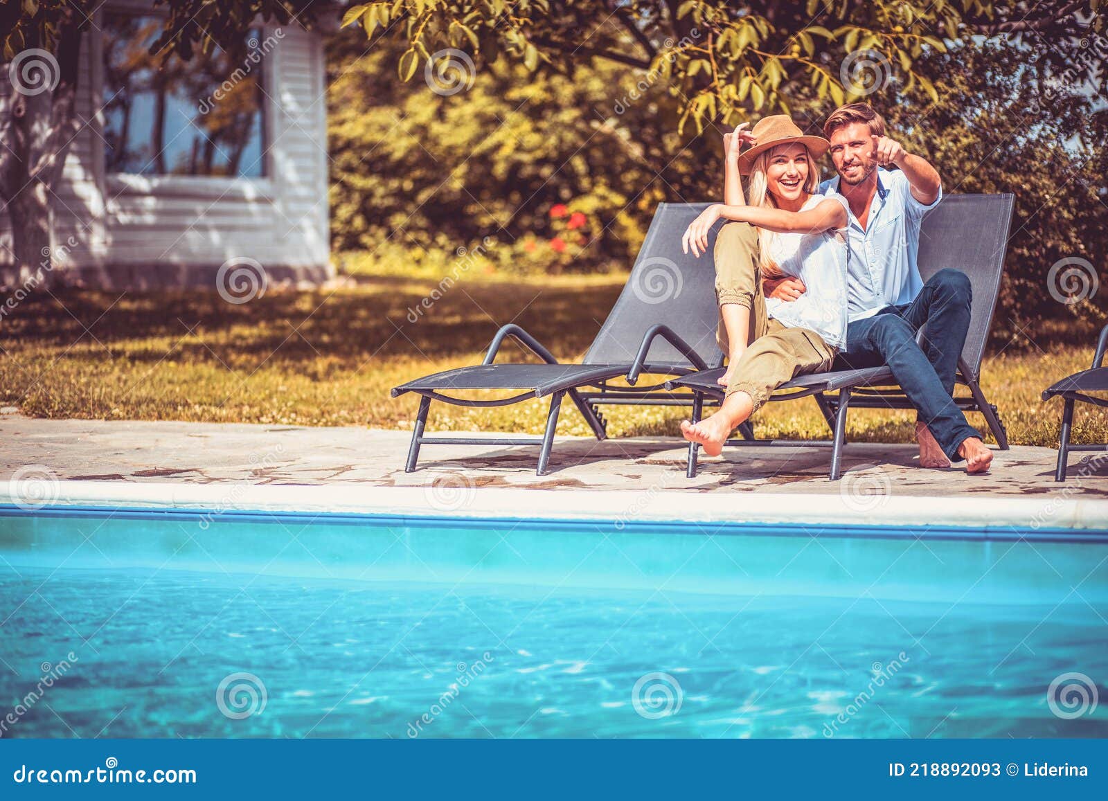Happy Smiling Couple Sitting by the Pool Stock Image - Image of people ...