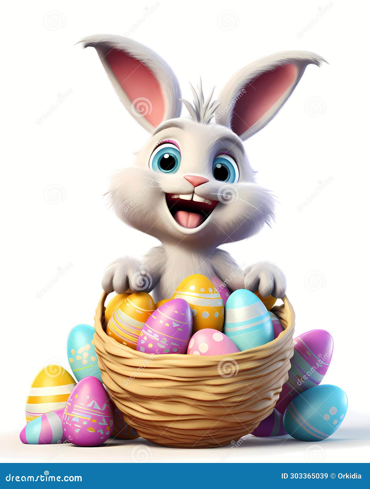 A Happy Smiling Easter Bunny Holding a Basket Full of Color Eggs Stock ...
