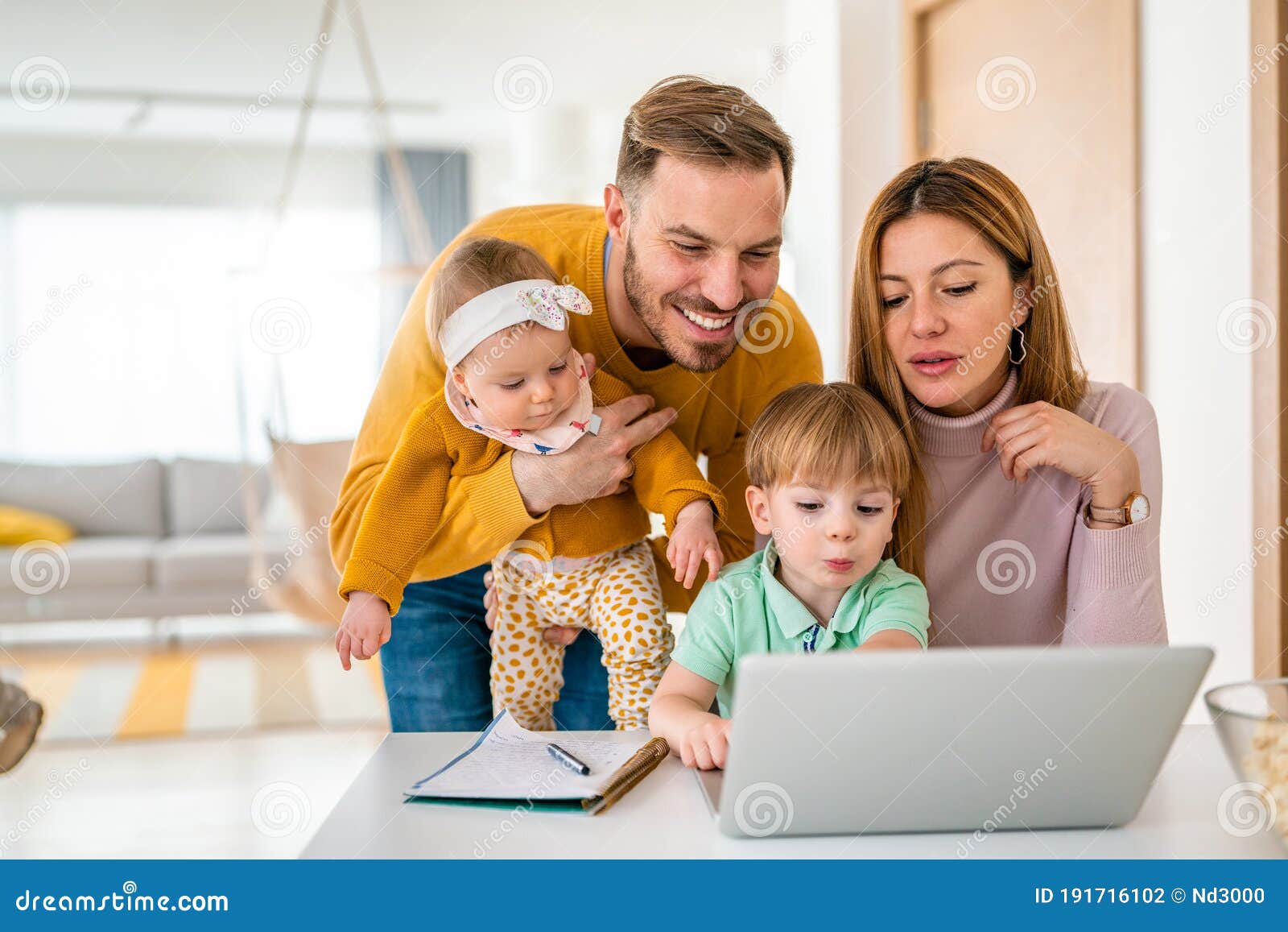 Happy Smiling Family Chatting with Computer Together at Home Stock ...