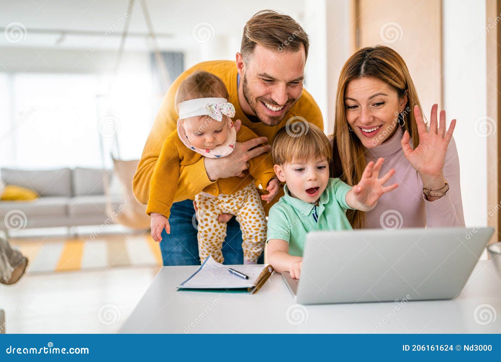 Happy Smiling Family Chatting with Computer Together at Home Stock ...