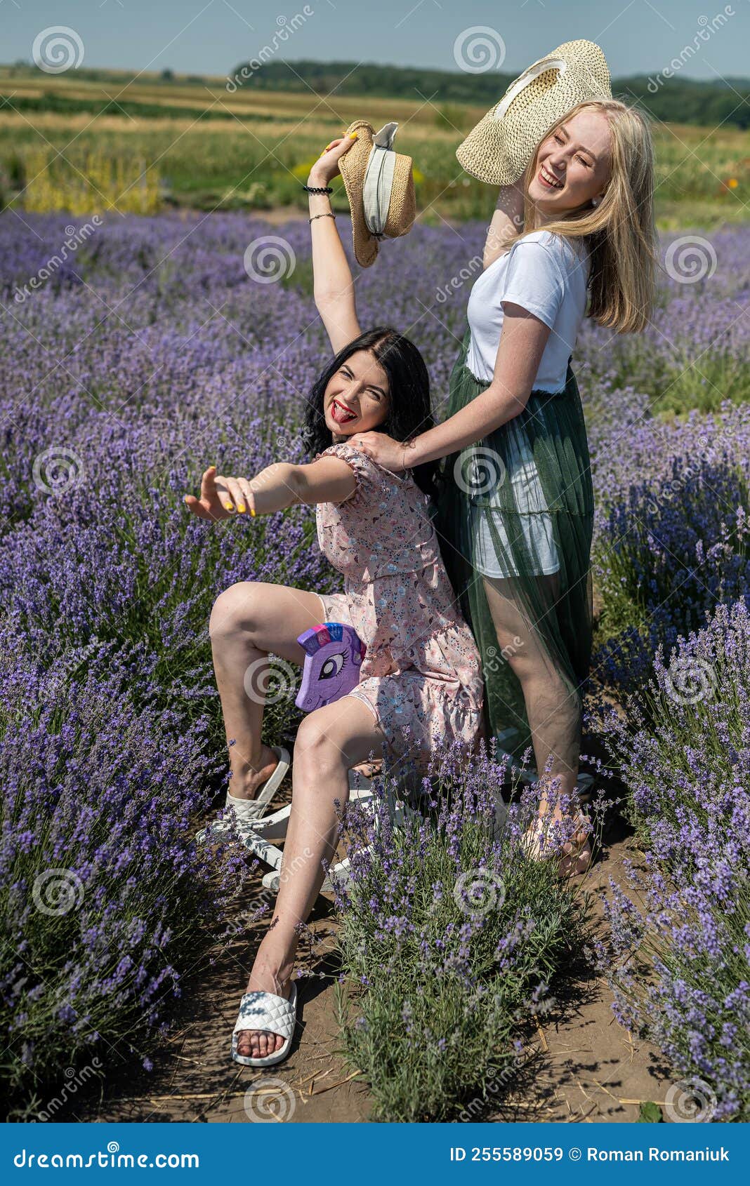 Happy and Smiling Friends in Sunlight in Lavender Field Stock Image ...