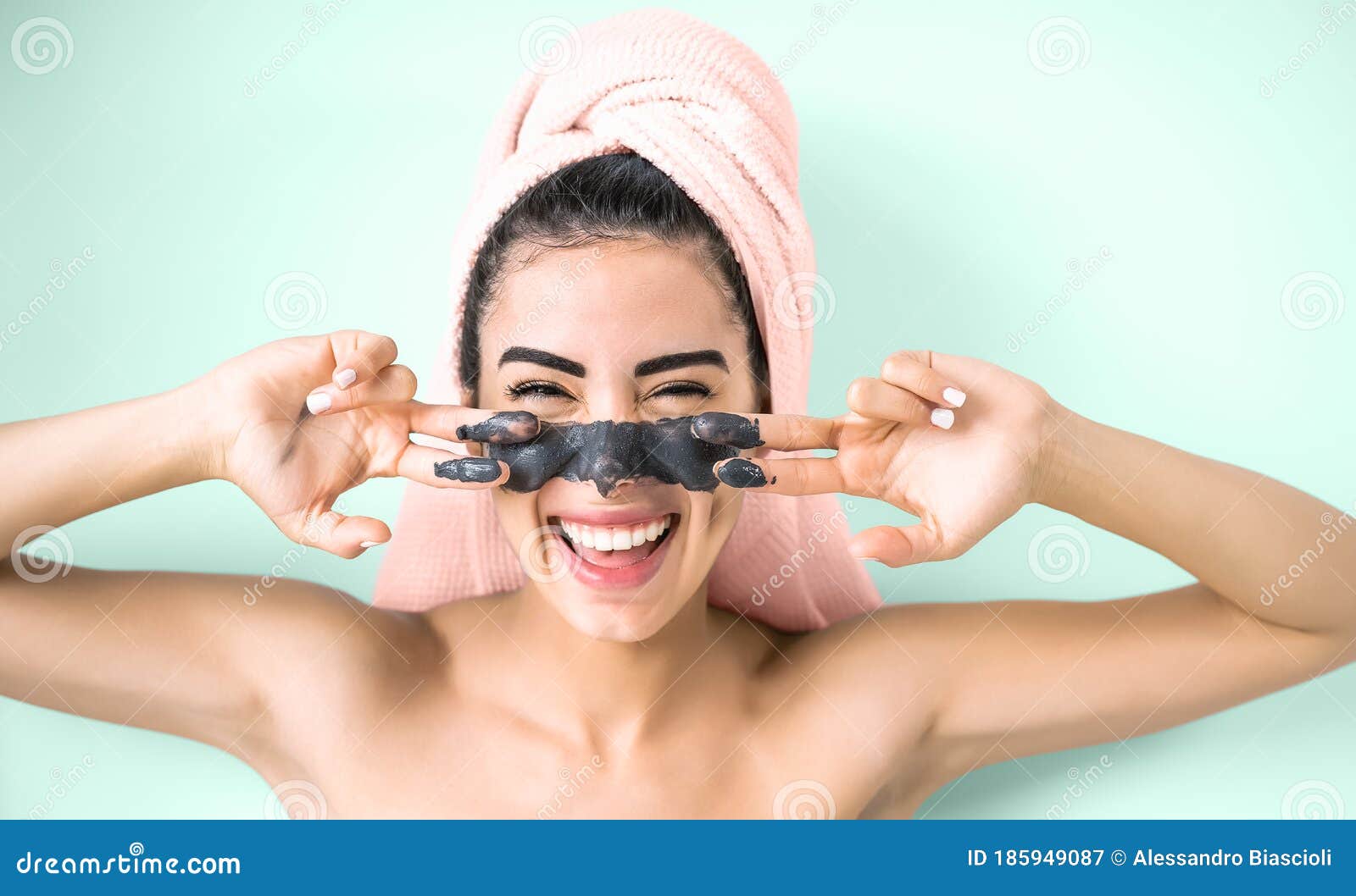 Happy Smiling Girl Applying Facial Charcoal Mask Portrait Young Woman