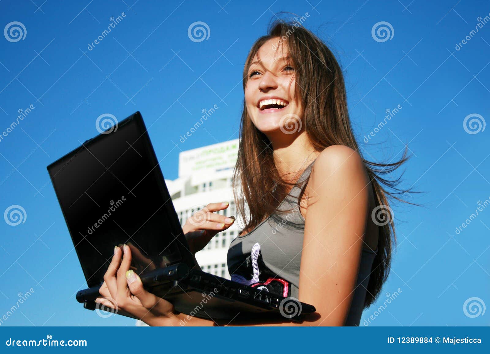 Happy Smiling Girl with Laptop Stock Photo - Image of business, house ...