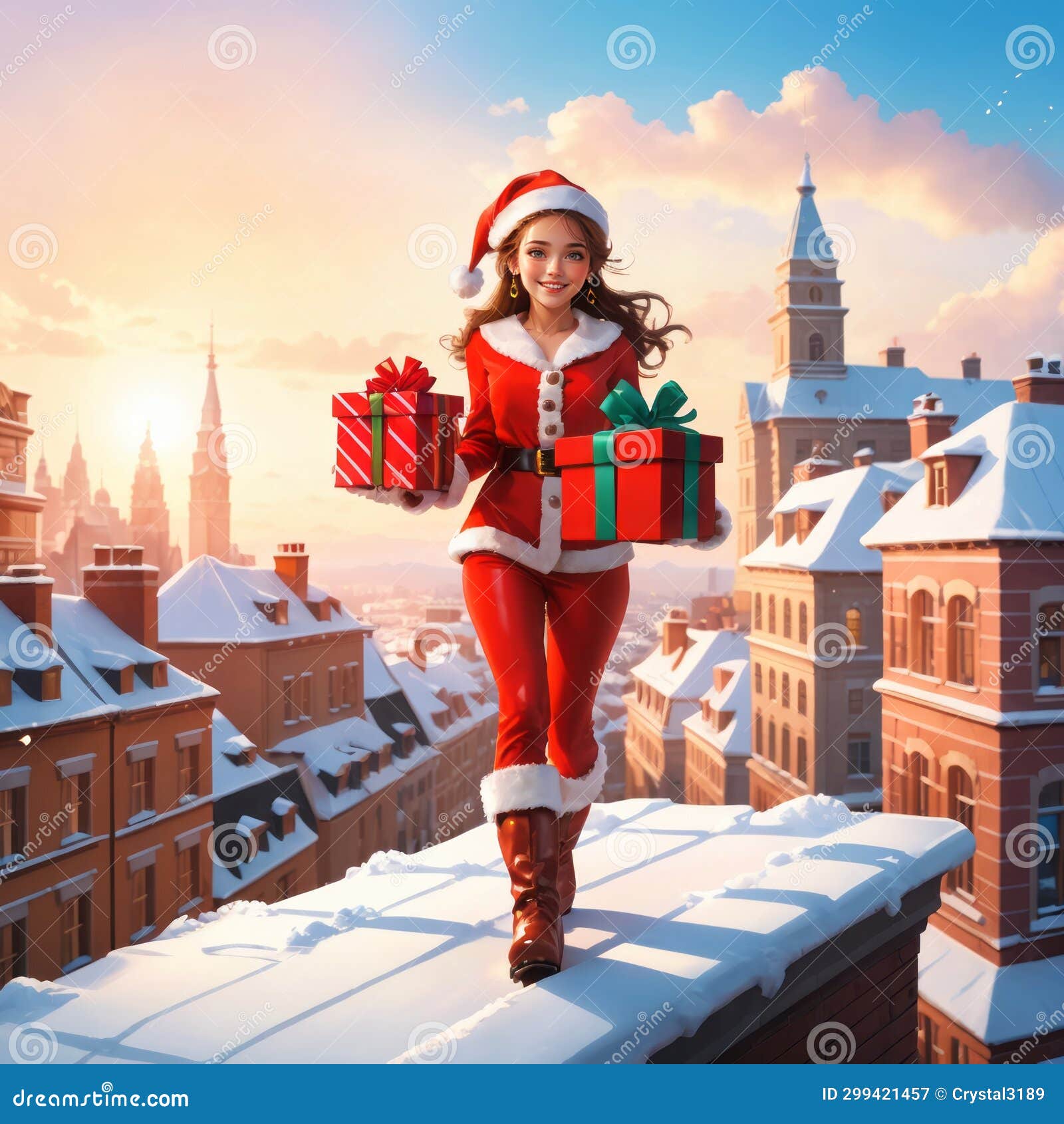 Happy Smiling Girl In Santa Claus Clothes With T Boxes In The Hands