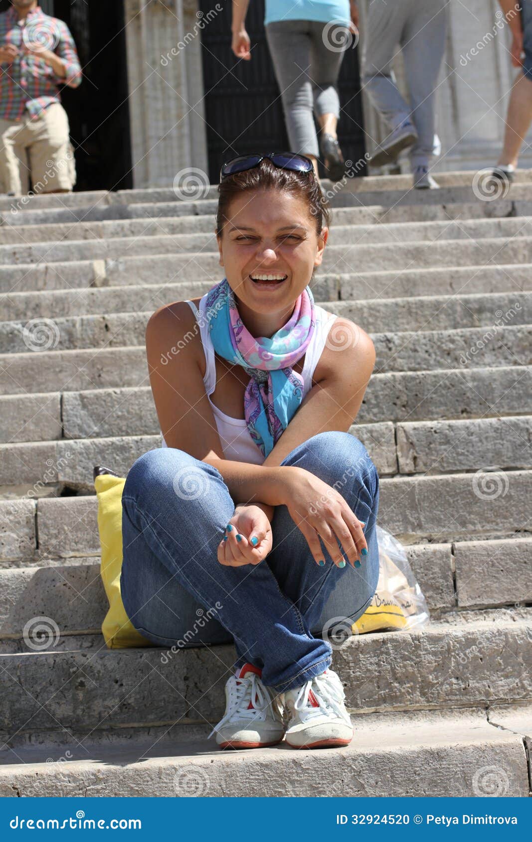Happy Smiling Girl Sitting on the Steps Stock Photo - Image of church ...