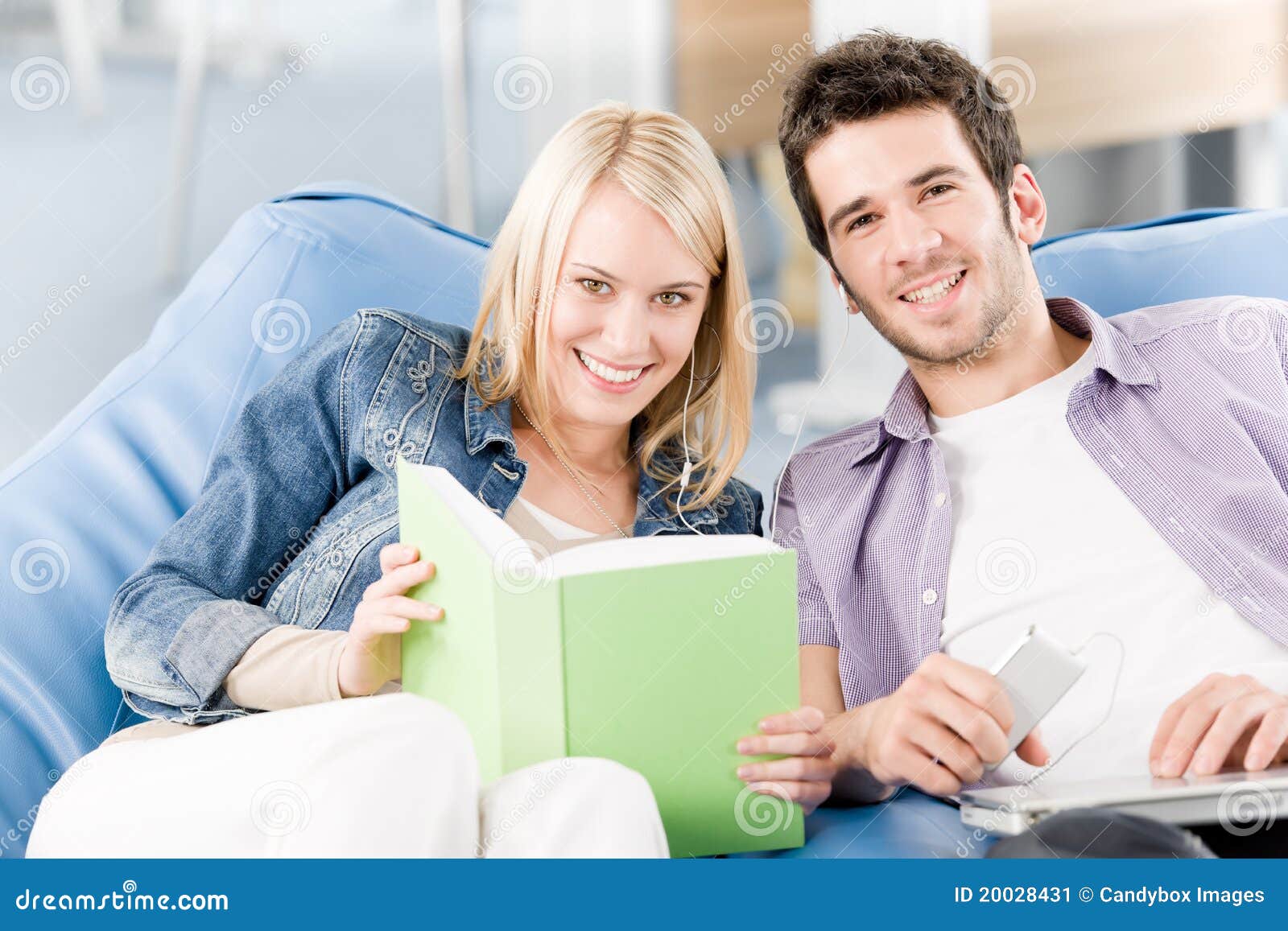 Happy Smiling High-school Students Listen Music Stock Image - Image of ...