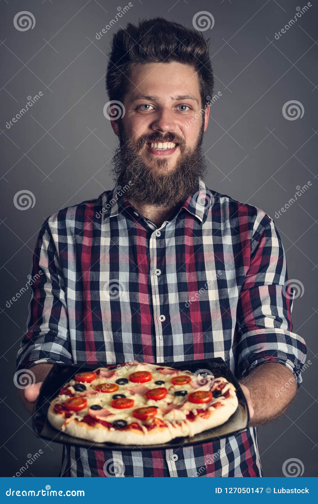 Man holding pizza stock image. Image of food, portrait - 127050147