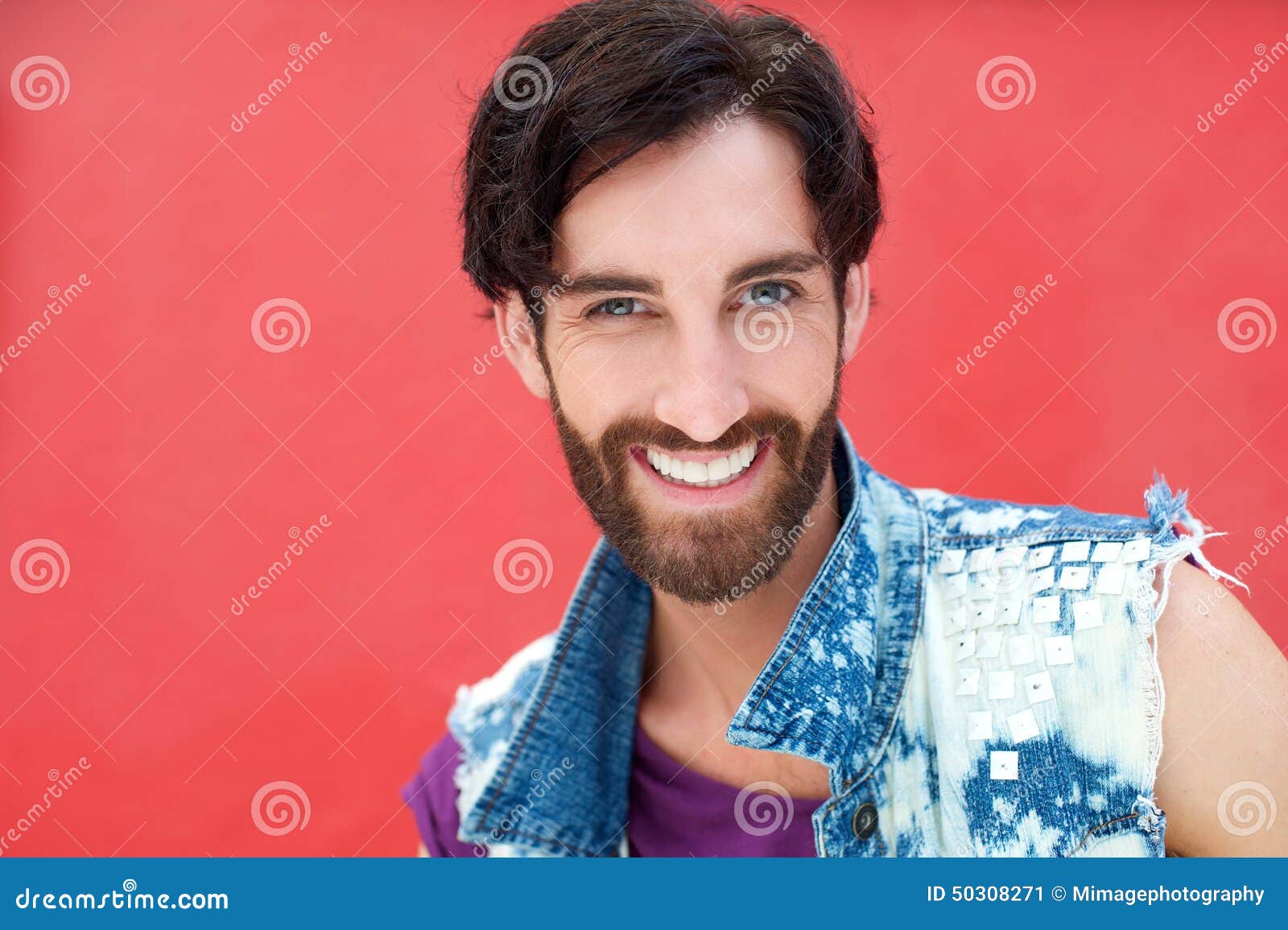 Happy Smiling Man Posing Against Red Background Stock Image - Image of ...