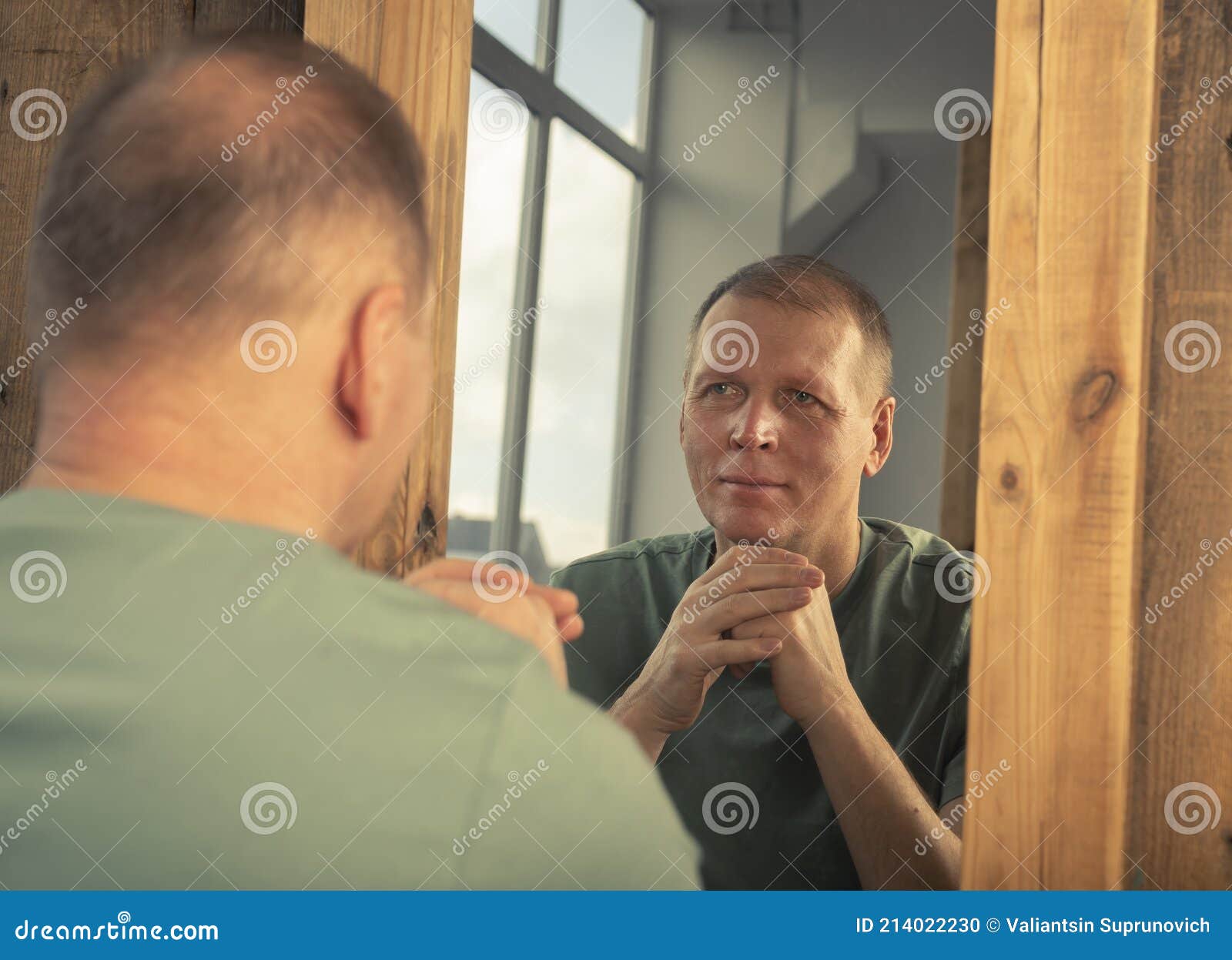 Happy Smiling Mature Man Looking at His Mirror Reflection. Healthy Self ...