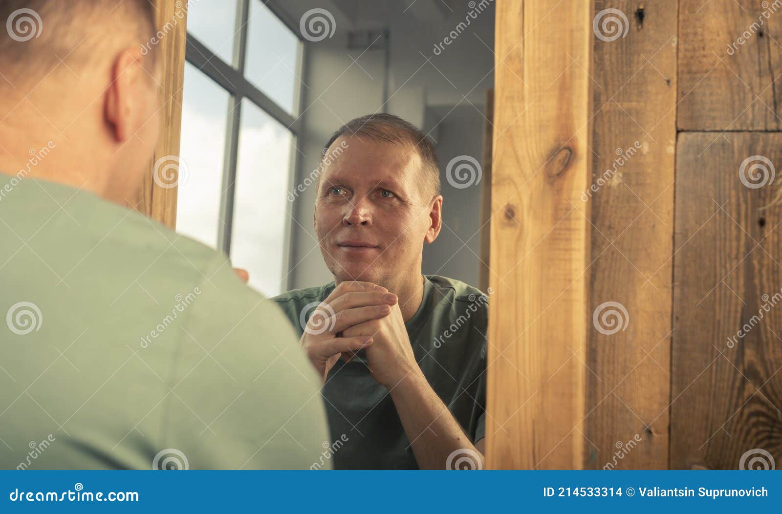 Happy Smiling Mature Man Looking at His Mirror Reflection. Healthy Self ...