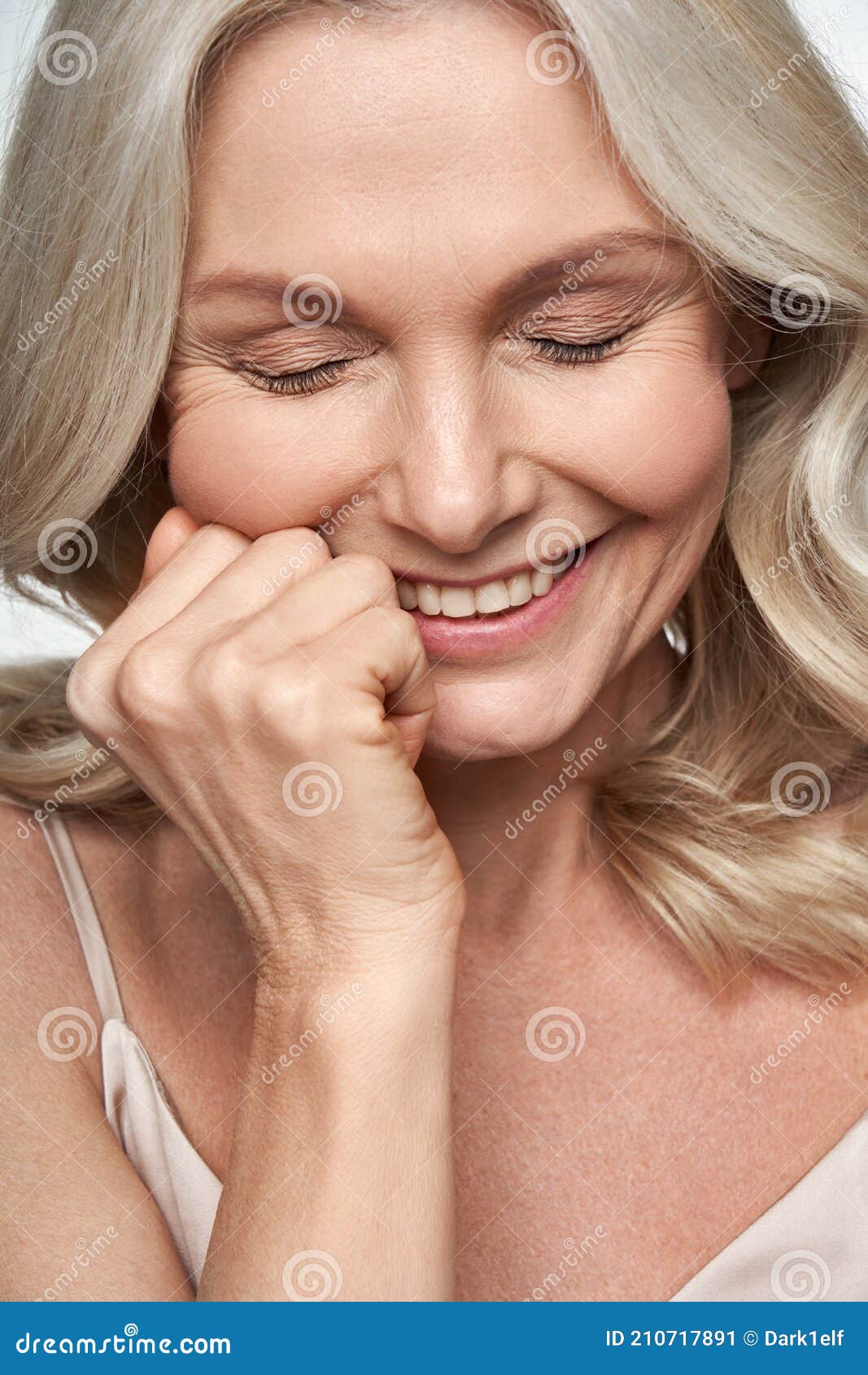 Happy Cute Shy Middle Aged Woman Laughing Anti Age Face Skin Care Closeup View Stock Image