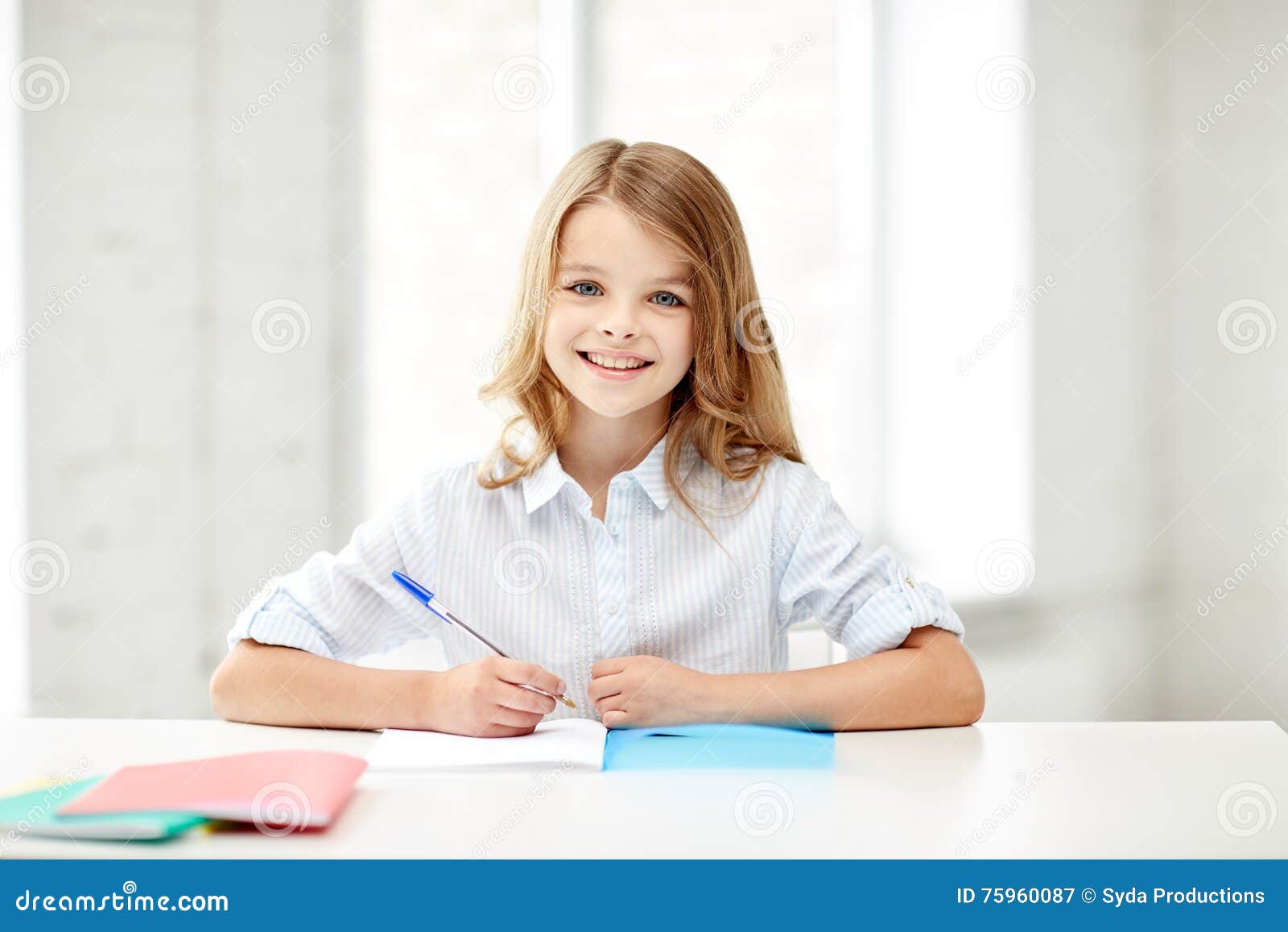 Happy Smiling School Girl with Notebook and Pen Stock Image - Image of ...