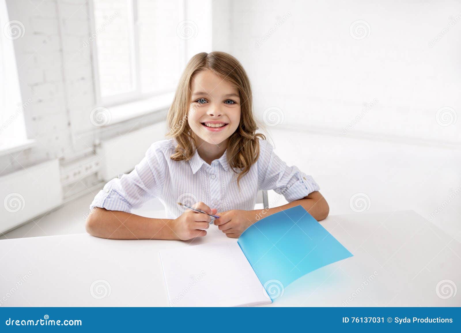 Happy Smiling School Girl with Notebook and Pen Stock Image - Image of ...
