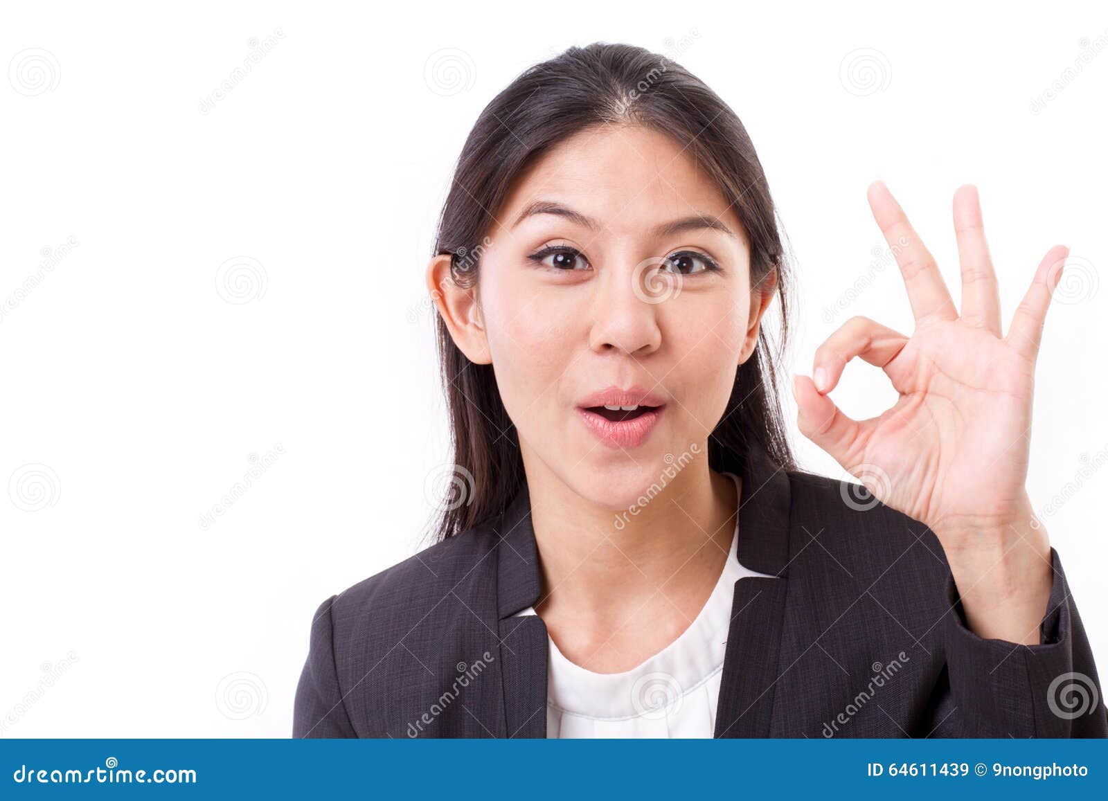 Happy Smiling Successful Business Woman Showing Ok Hand Gesture Stock