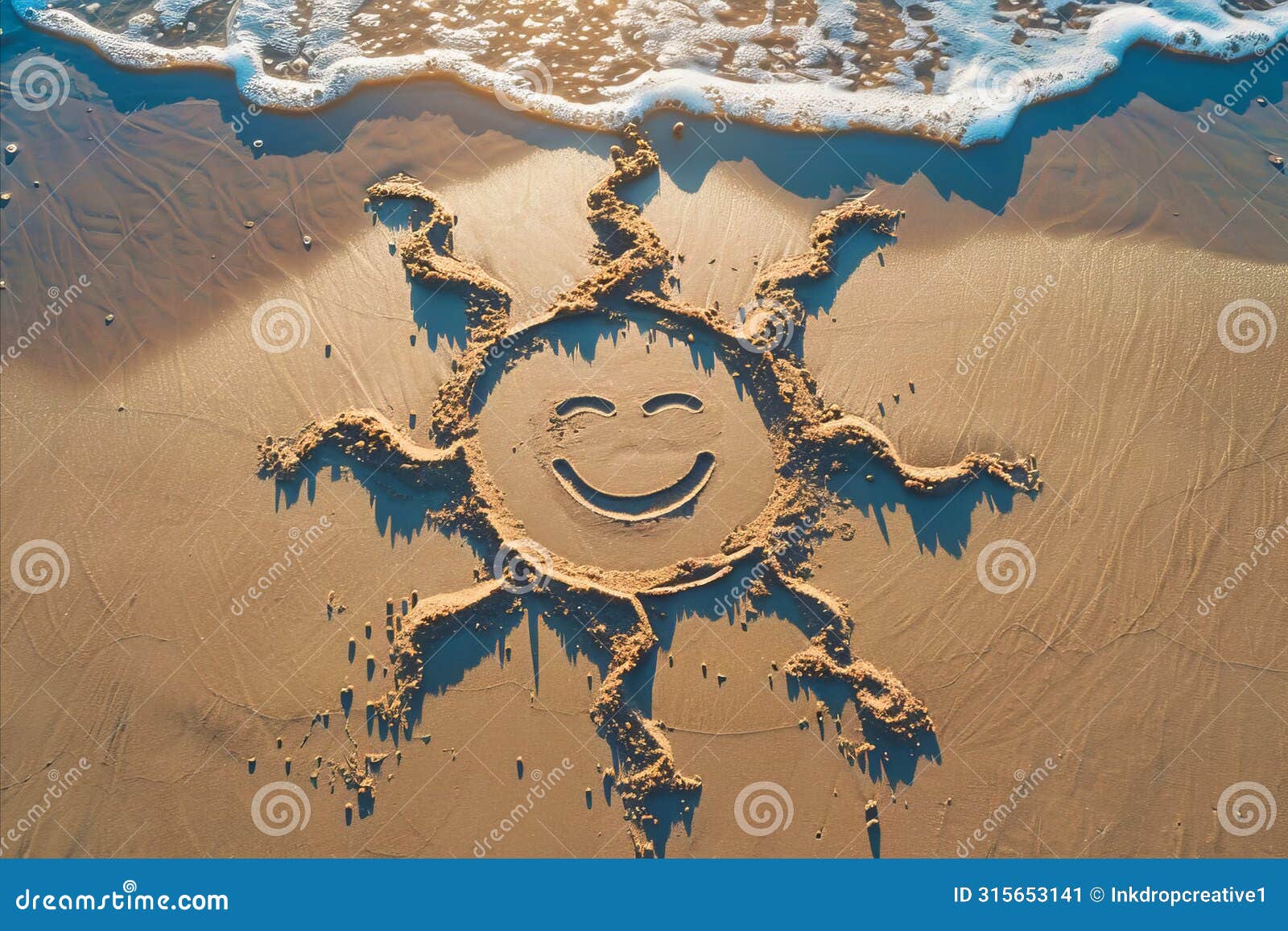 A Happy Smiling Sun Drawn in Sand on a Summer Beach Stock Image - Image ...
