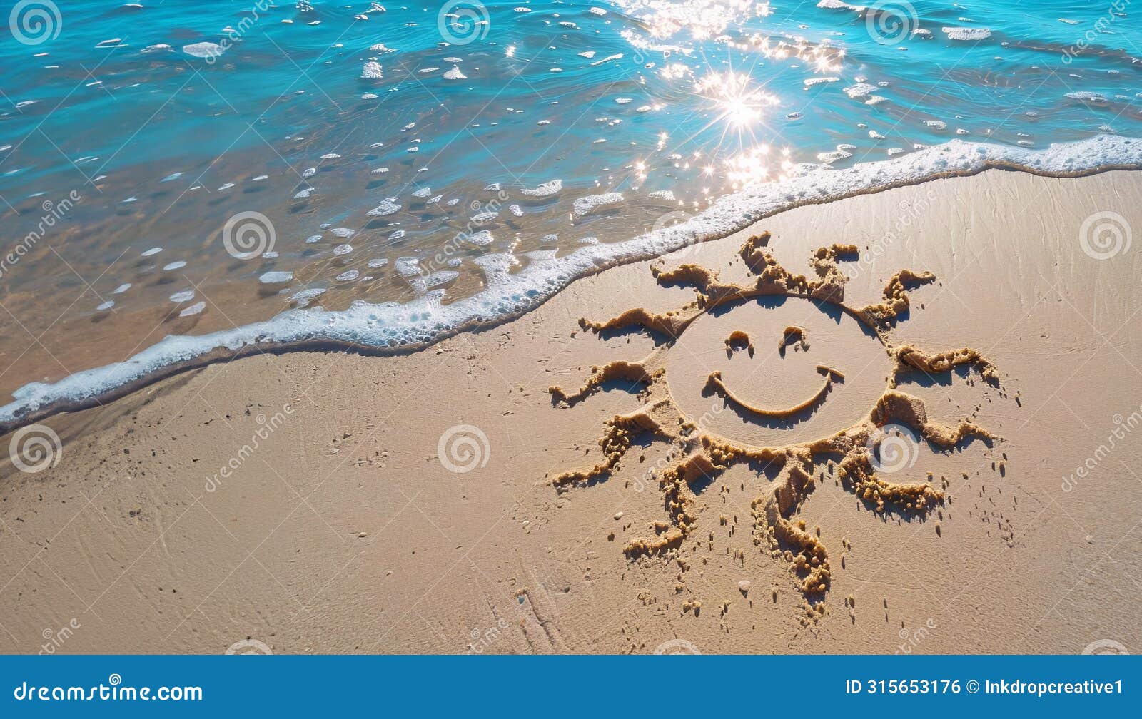 A Happy Smiling Sun Drawn in Sand on a Summer Beach Stock Photo - Image ...
