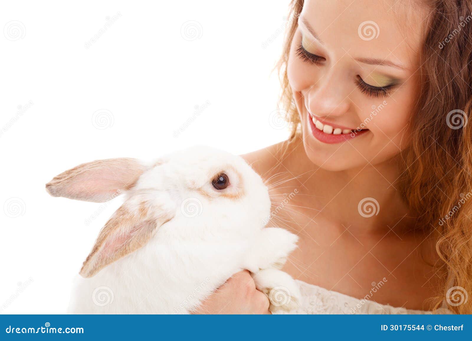 Happy woman holding rabbit stock photo. Image of animal - 30175544