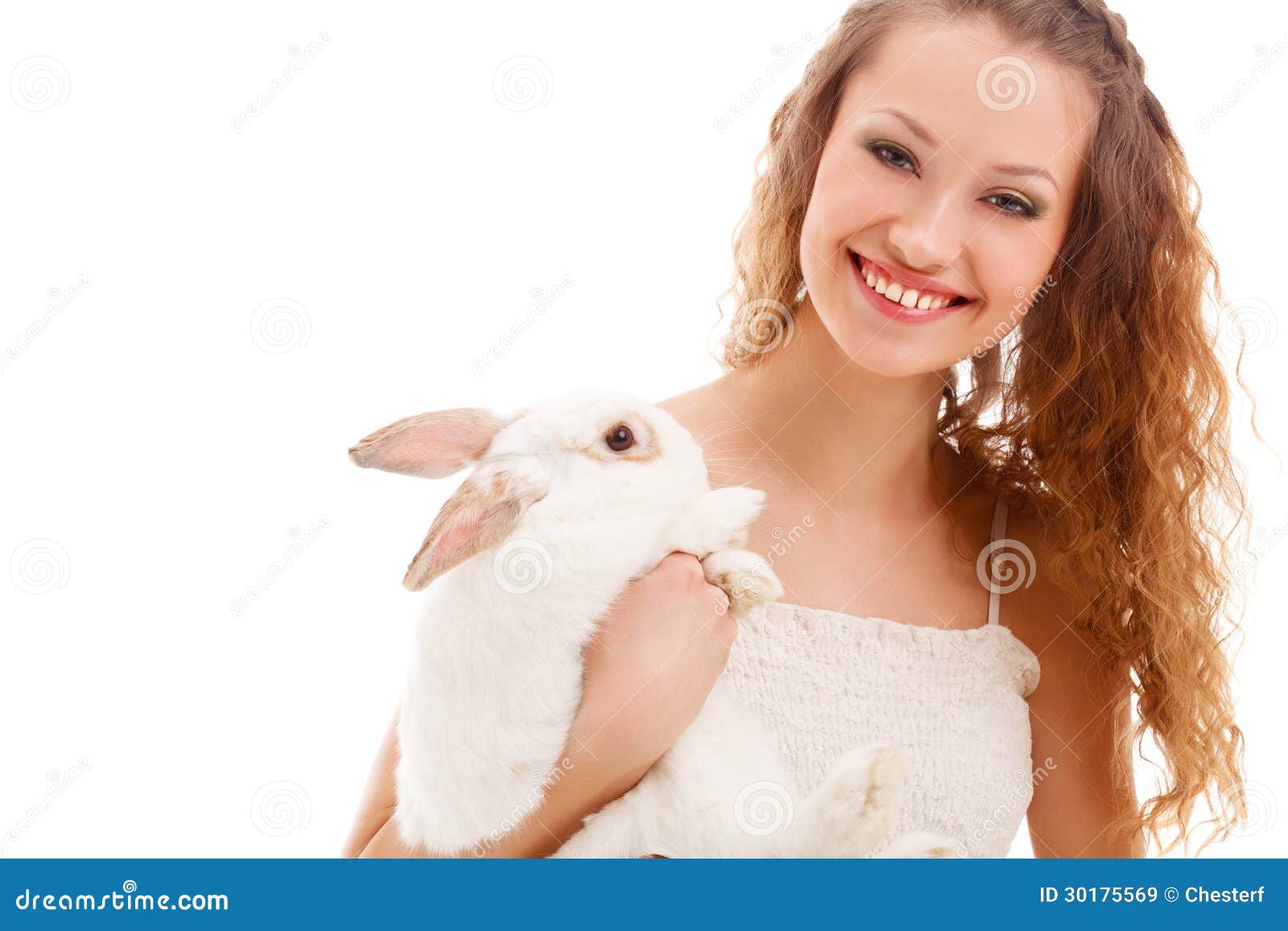 Happy woman holding rabbit stock image. Image of beauty - 30175569