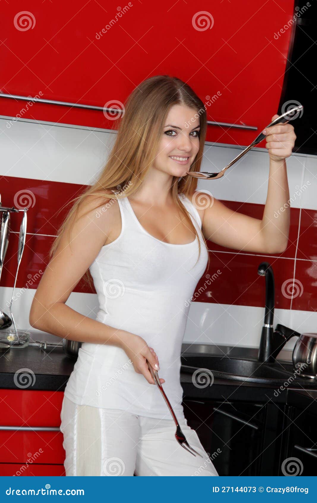 Happy Smiling Woman on Kitchen Stock Image - Image of home, people ...