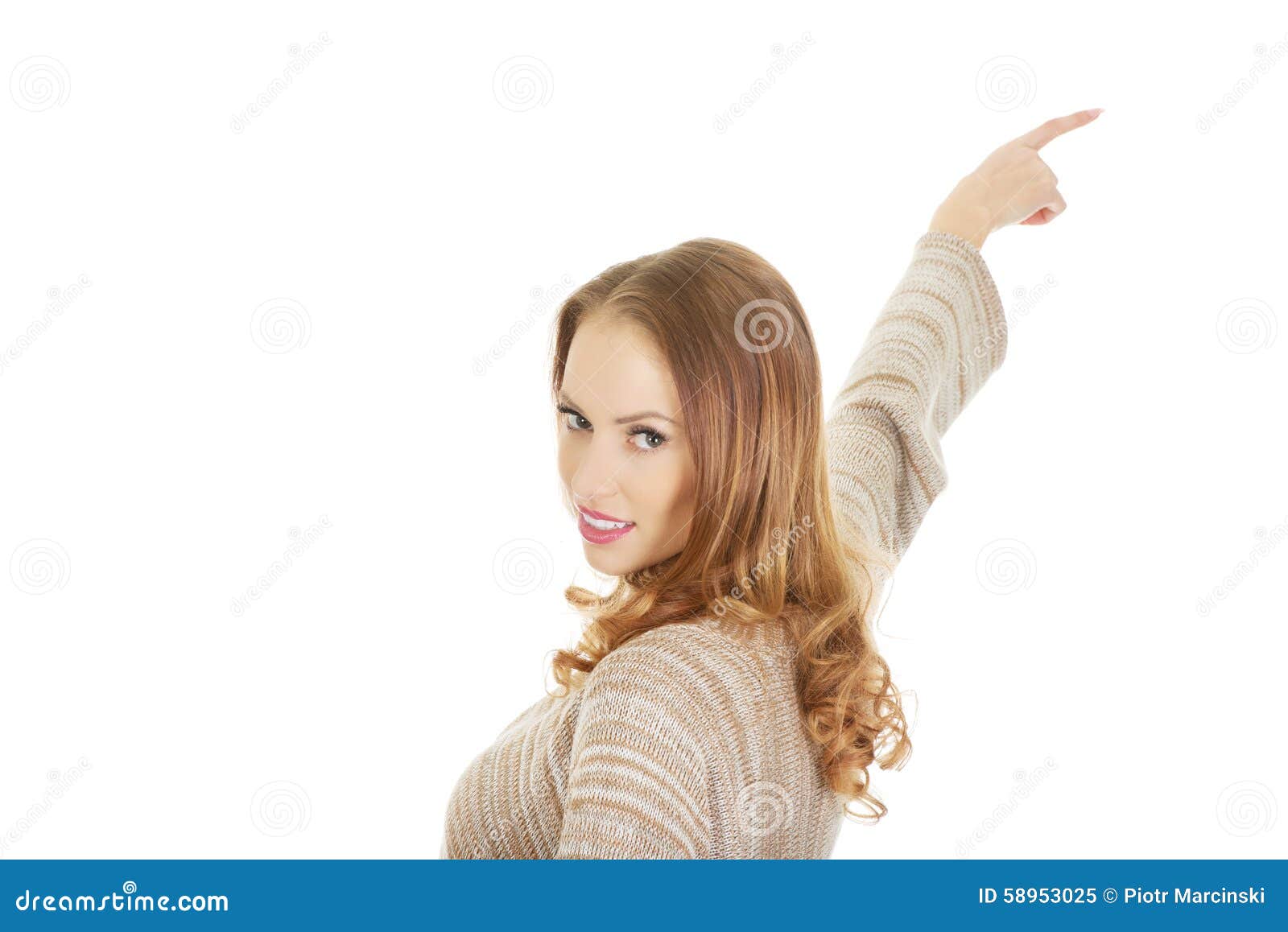 Happy Smiling Woman Pointing Up. Stock Image - Image of casual ...