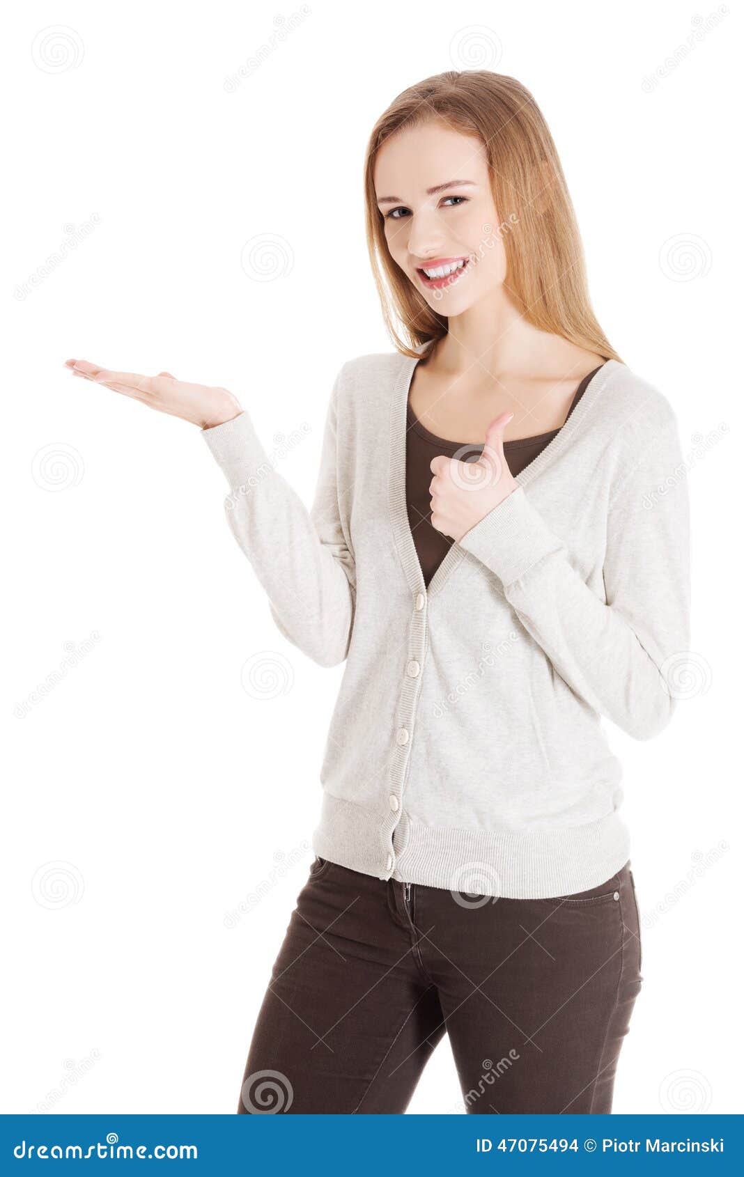 Happy Smiling Woman Presenting Something Invisible Stock Photo - Image ...