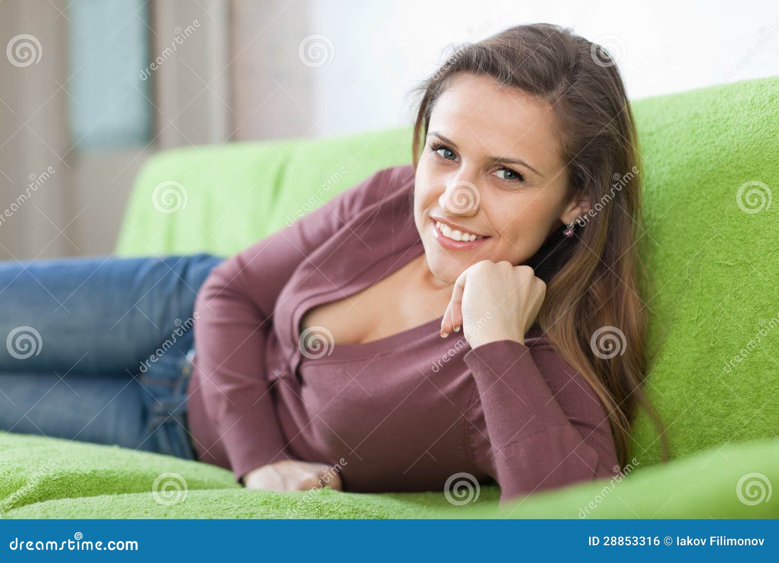 Happy Smiling Woman on Sofa Stock Photo - Image of home, lifestyle ...