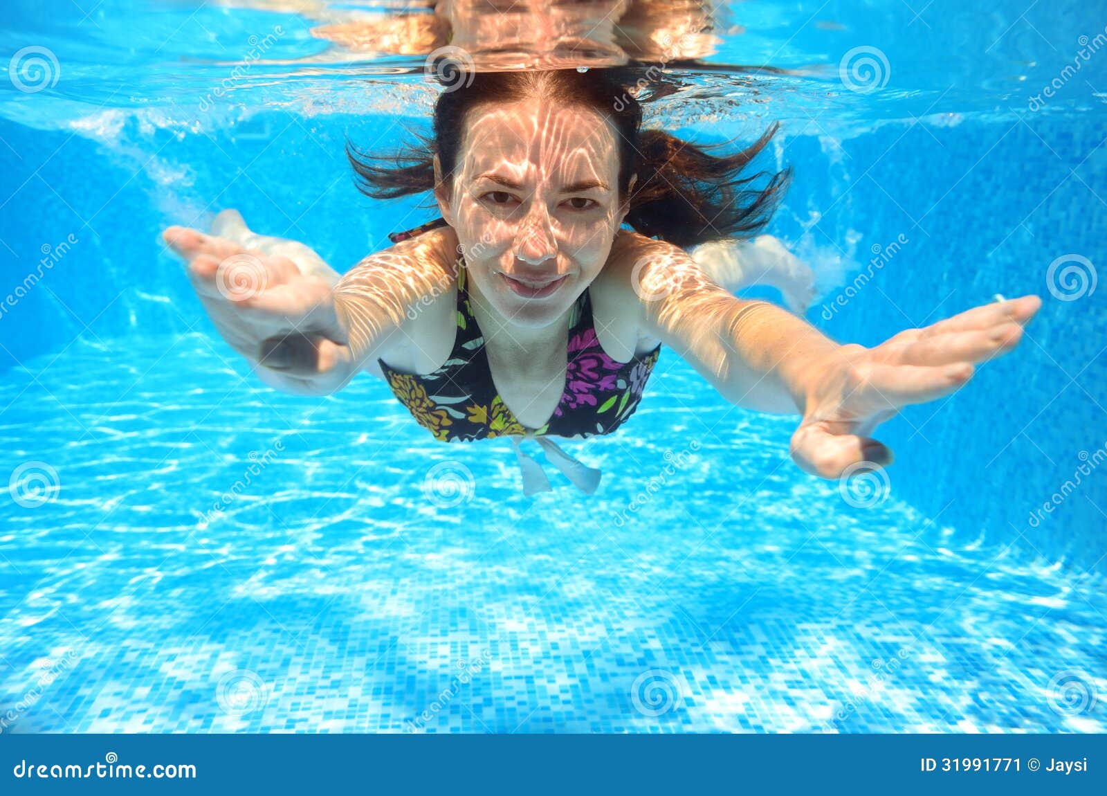 Happy Smiling Woman Swims Underwater In Pool Stock Image Image Of