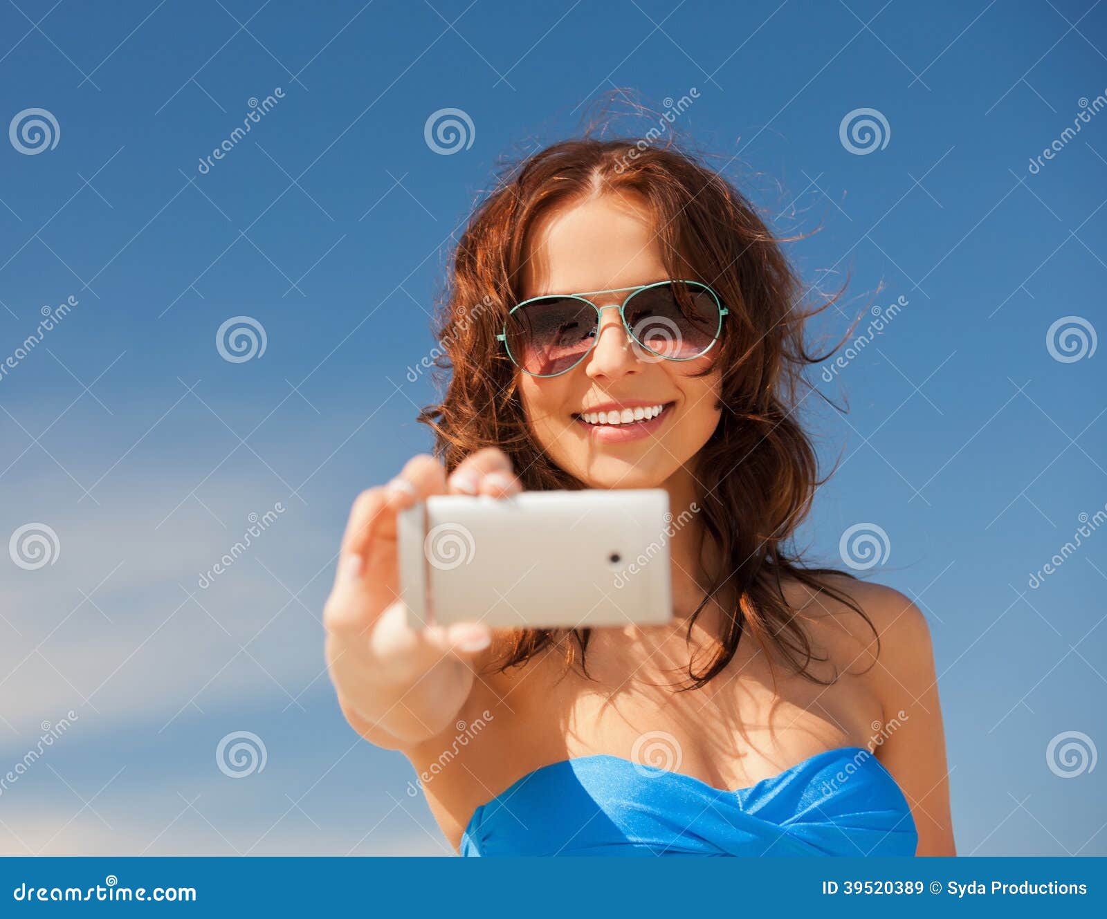 Happy Smiling Woman Using Phone Camera Stock Image - Image of shooting ...