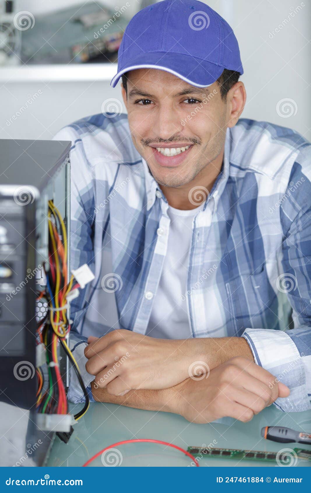 Happy Smiling Worker Portrait Stock Photo - Image of blue, safety ...