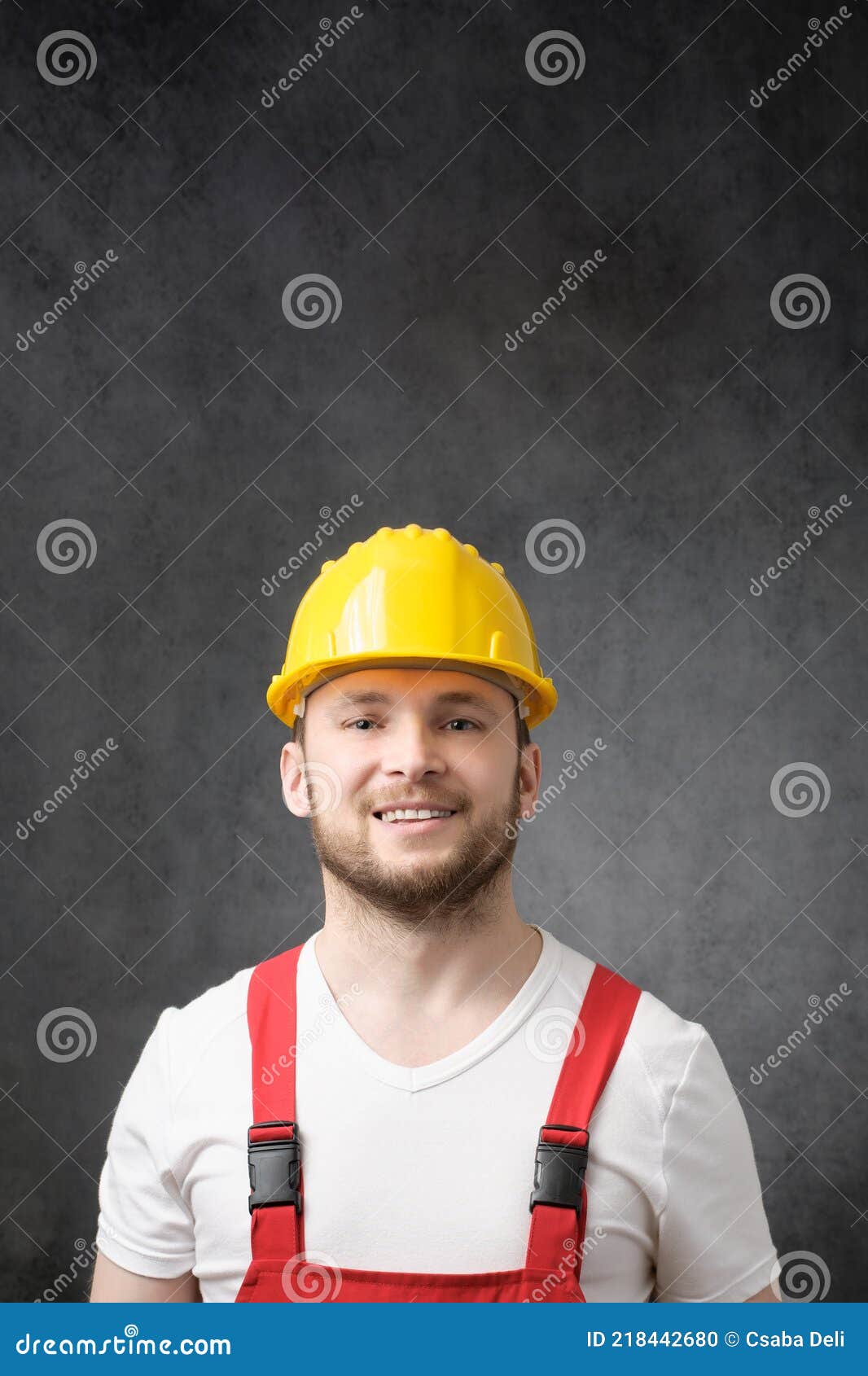 Happy, Smiling Worker with Yellow Hard Hat Stock Photo - Image of ...