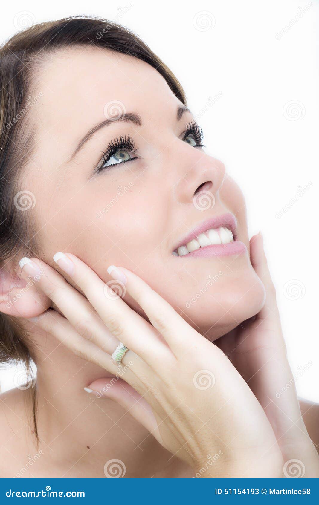 Happy Smiling Young Woman Hands on Face Looking Up Stock Image - Image ...
