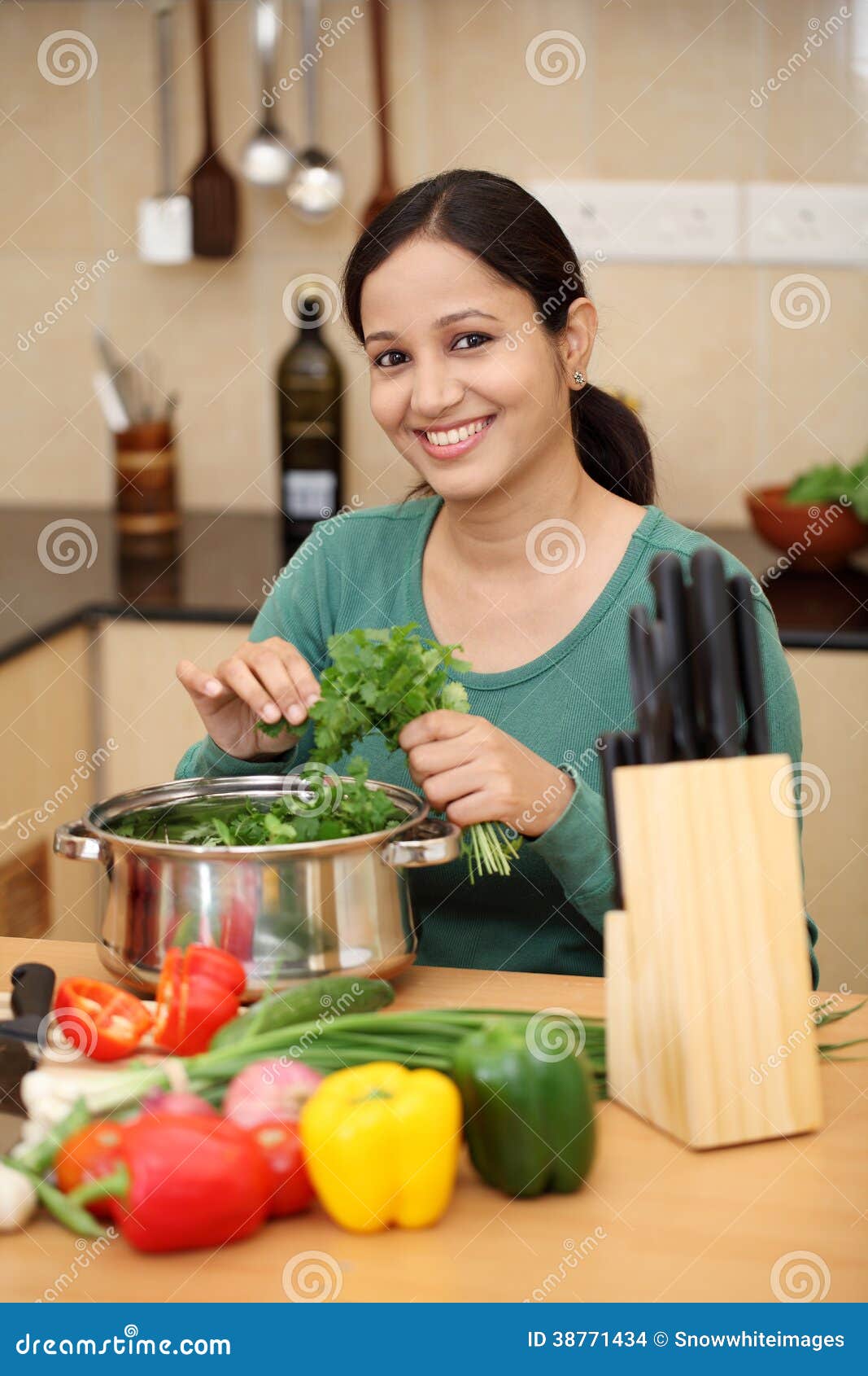 Happy Smiling Young Woman in Kitchen Stock Photo - Image of housewife ...