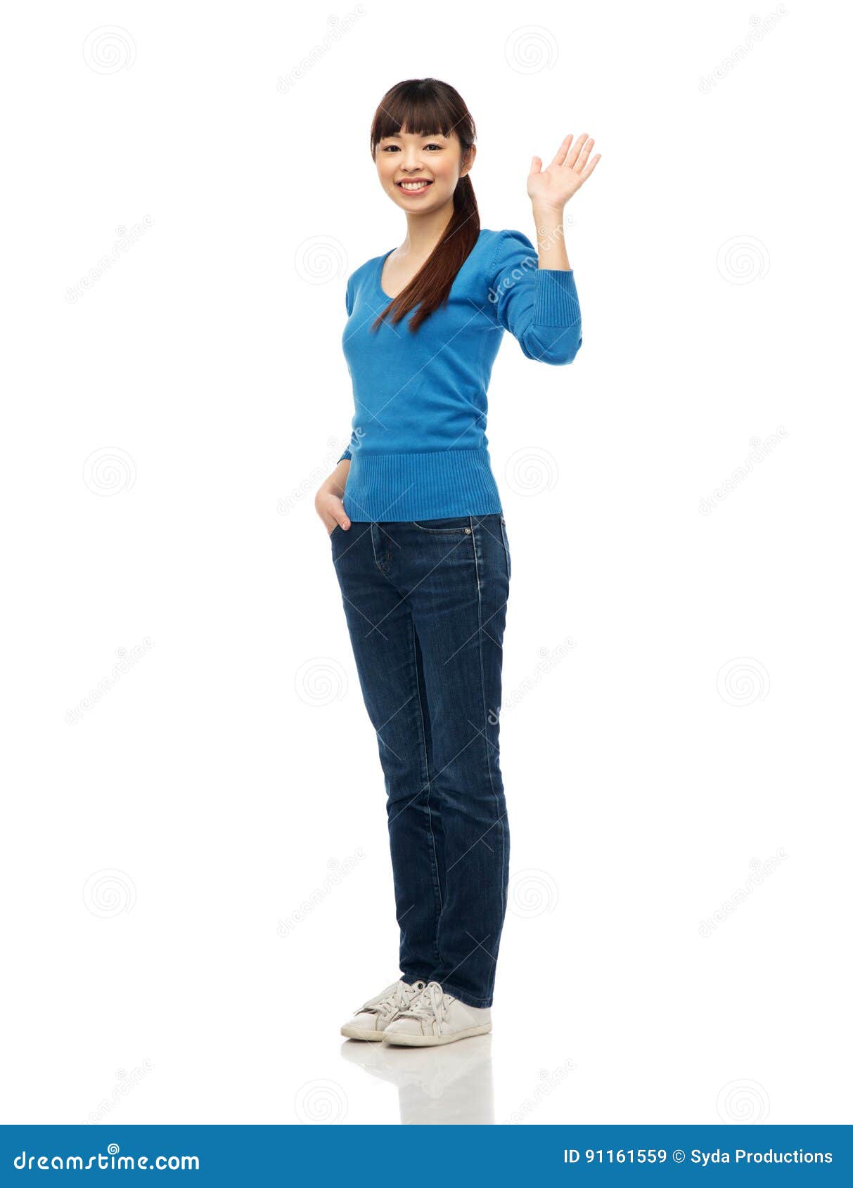 Happy Smiling Young Woman Waving Hand Over White Stock Image Image Of