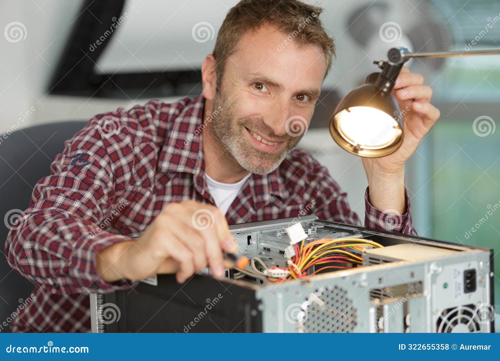Happy and Smily Man Fixing Computer Stock Photo - Image of view ...