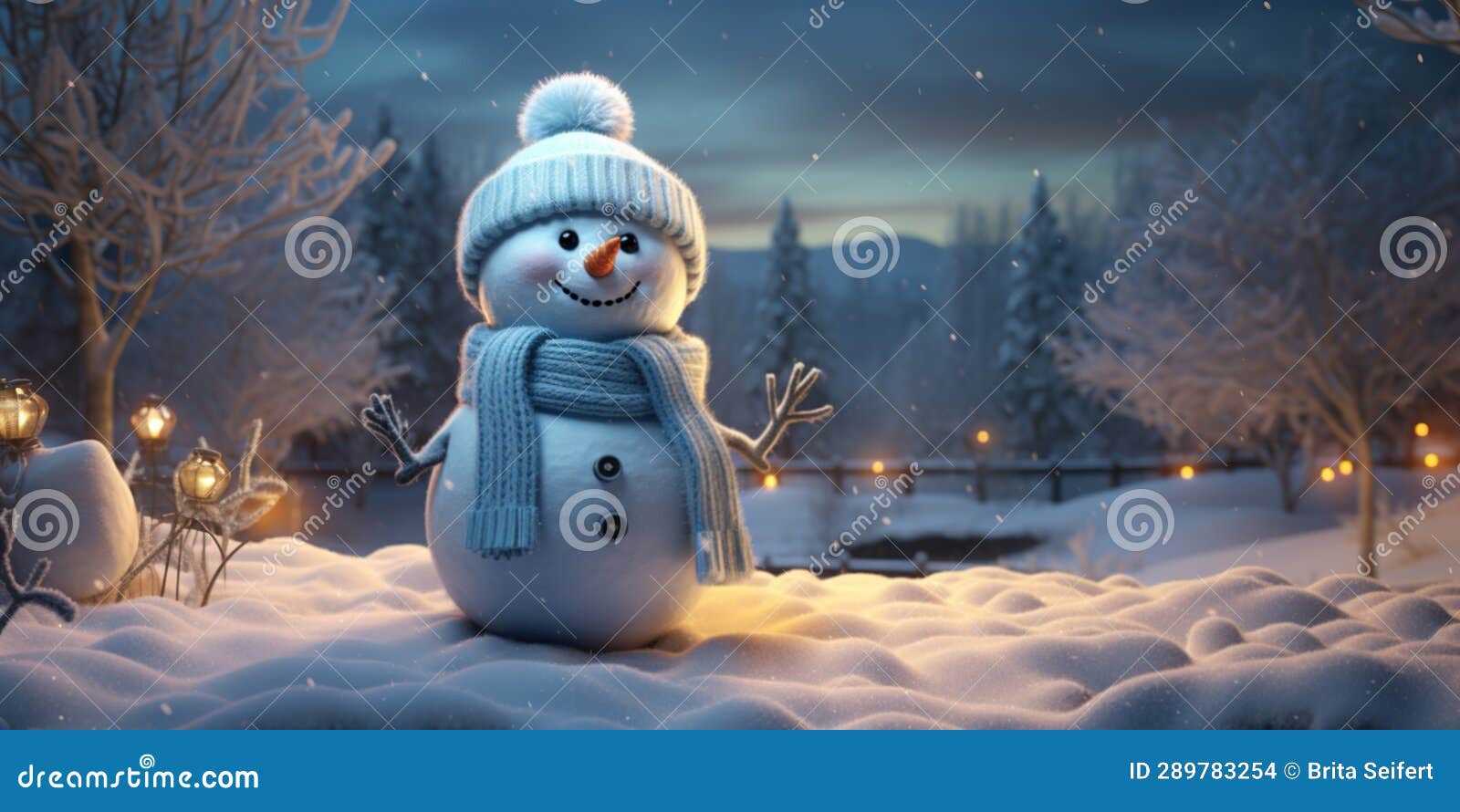 A Happy Snow Man Outside in the Snow at Night Stock Illustration ...
