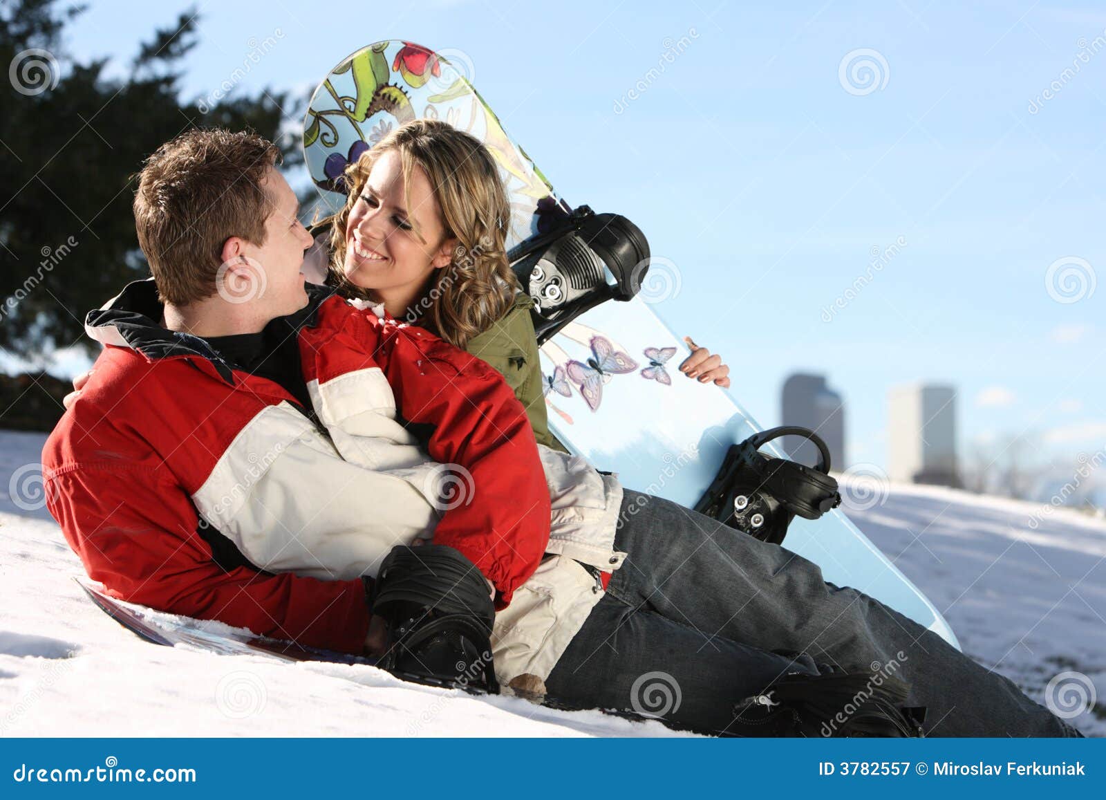 Happy Snowboarders Couple stock image. Image of downtown - 3782557